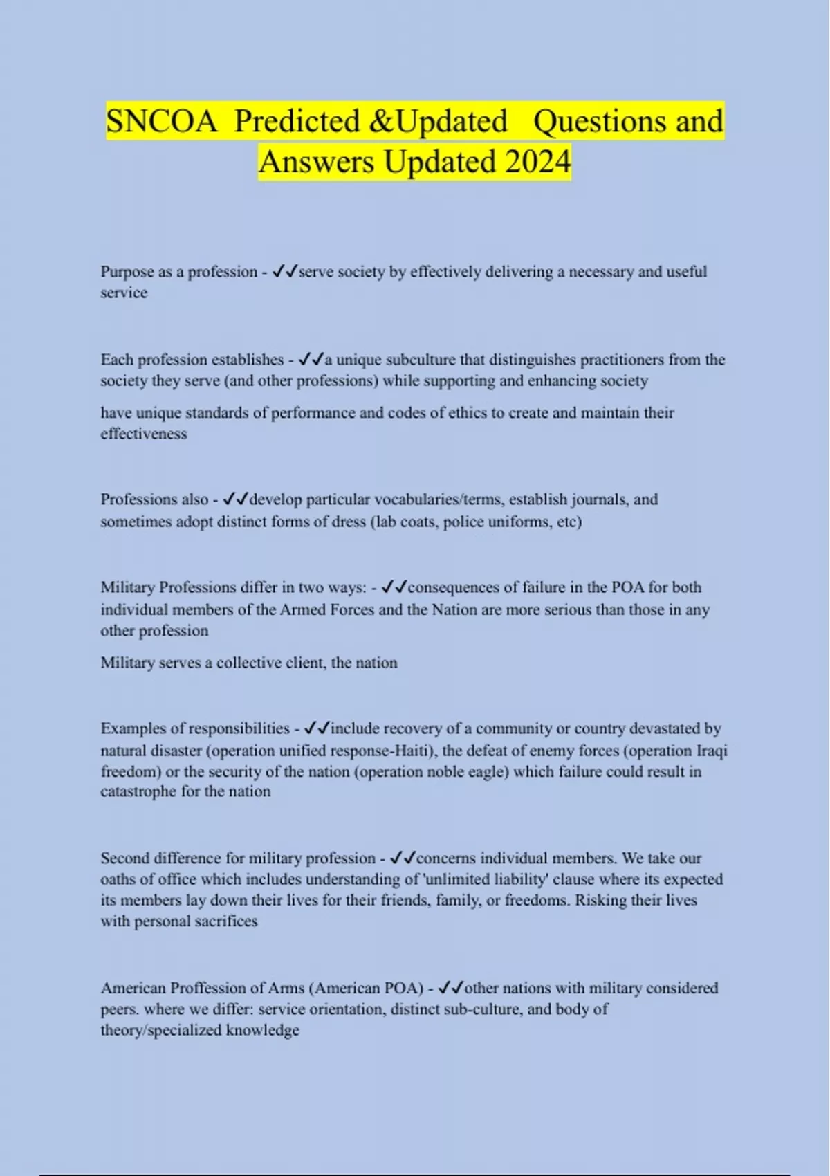 SNCOA Predicted &Updated Questions and Answers Updated 2024 - SNCOA ...