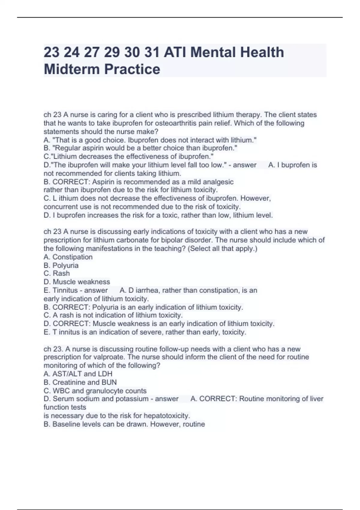 31 ATI Mental Health Midterm Practice Questions with complete solutions 2024 - ATI Pn mental ...