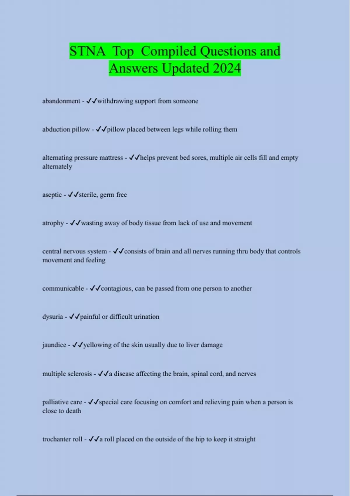 STNA Top Compiled Questions and Answers Updated 2024 - STNA - Stuvia US