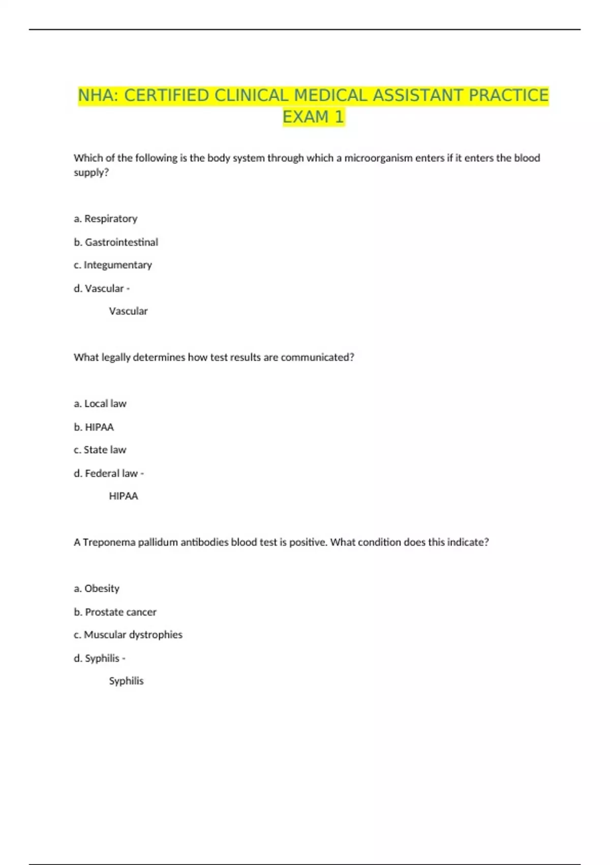 NHA CERTIFIED CLINICAL MEDICAL ASSISTANT PRACTICE EXAM 1.LATEST 2024 ...