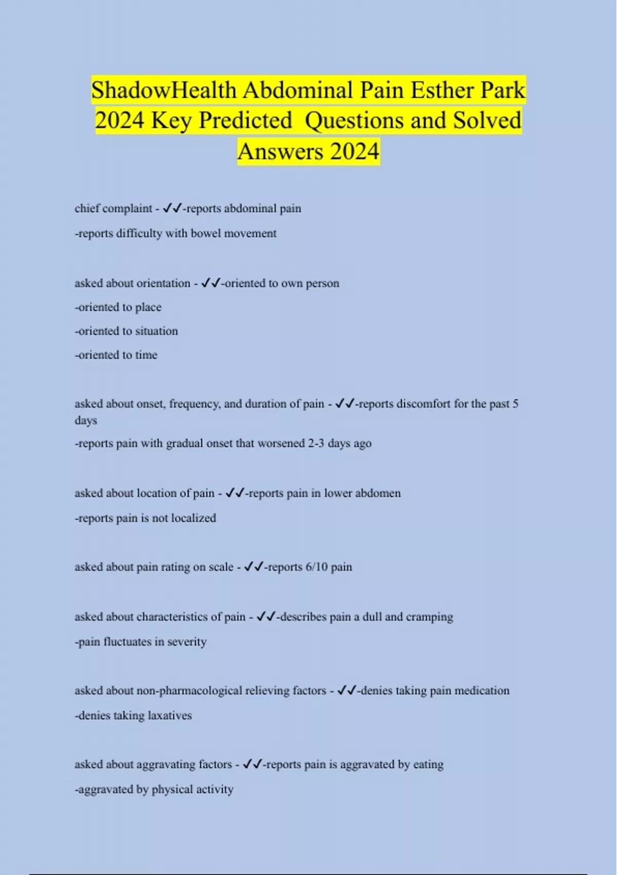 ShadowHealth Abdominal Pain Esther Park 2024 Key Predicted Questions ...