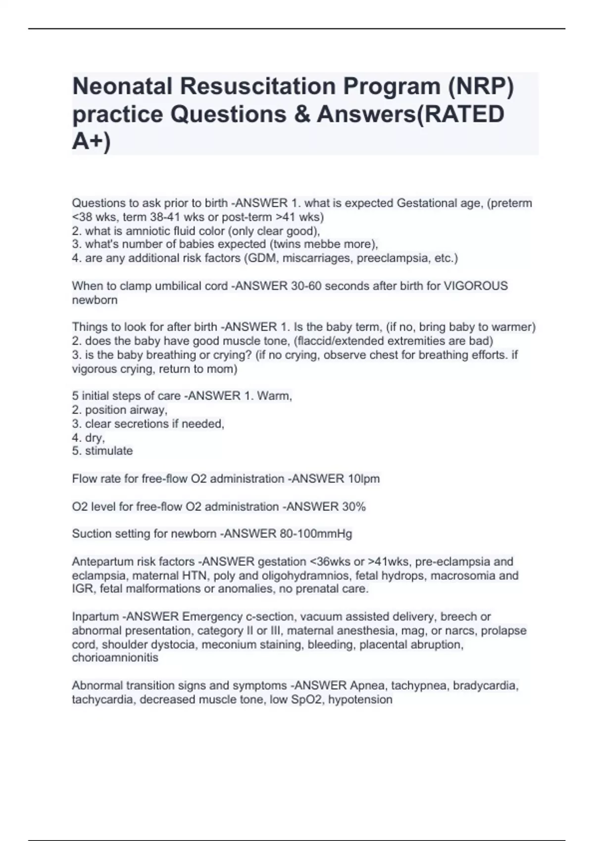 Neonatal Resuscitation Program (NRP) practice Questions & Answers(RATED A+) - Neonatal ...