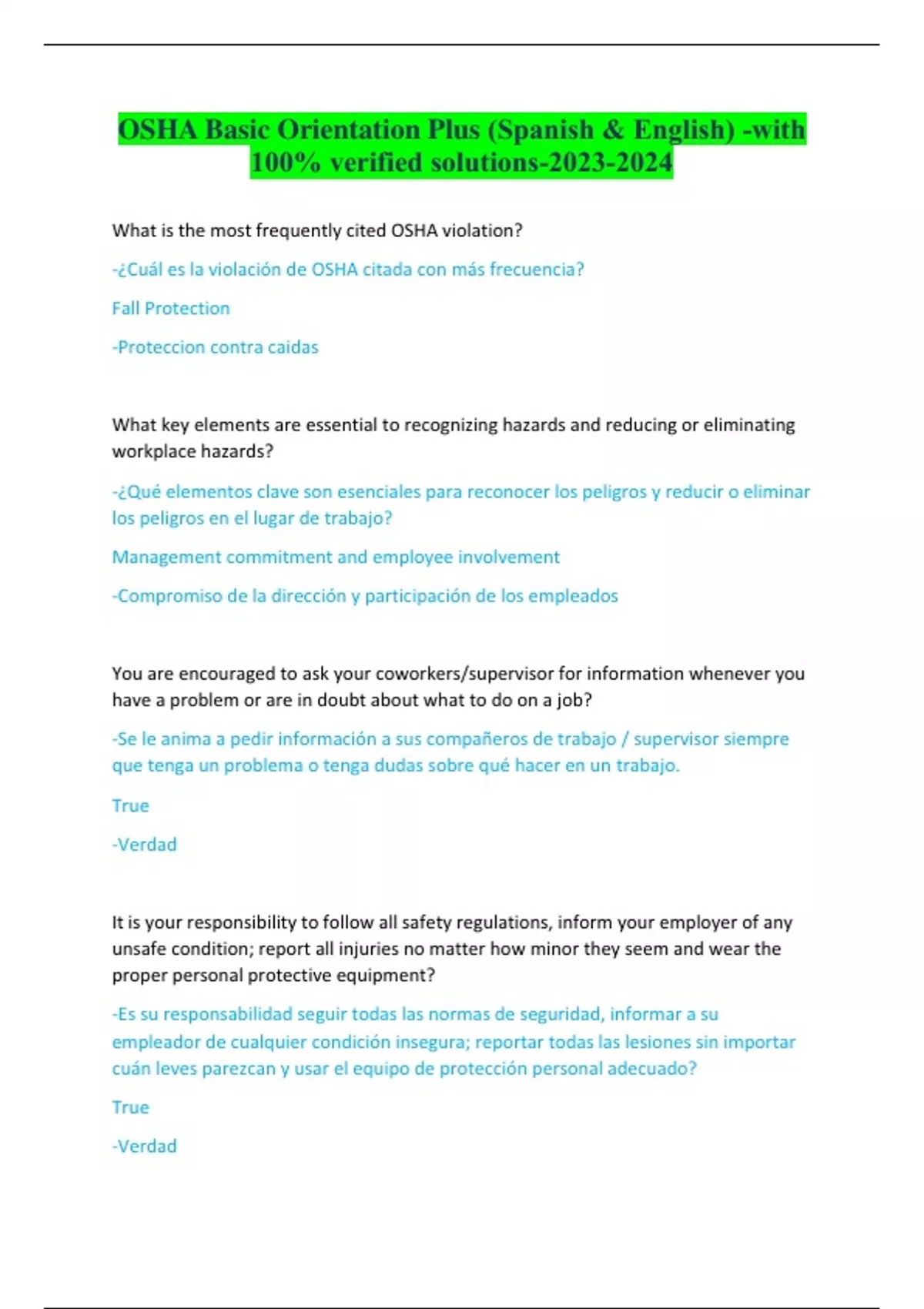 OSHA Basic Orientation Plus (Spanish & English) -with 100% verified ...