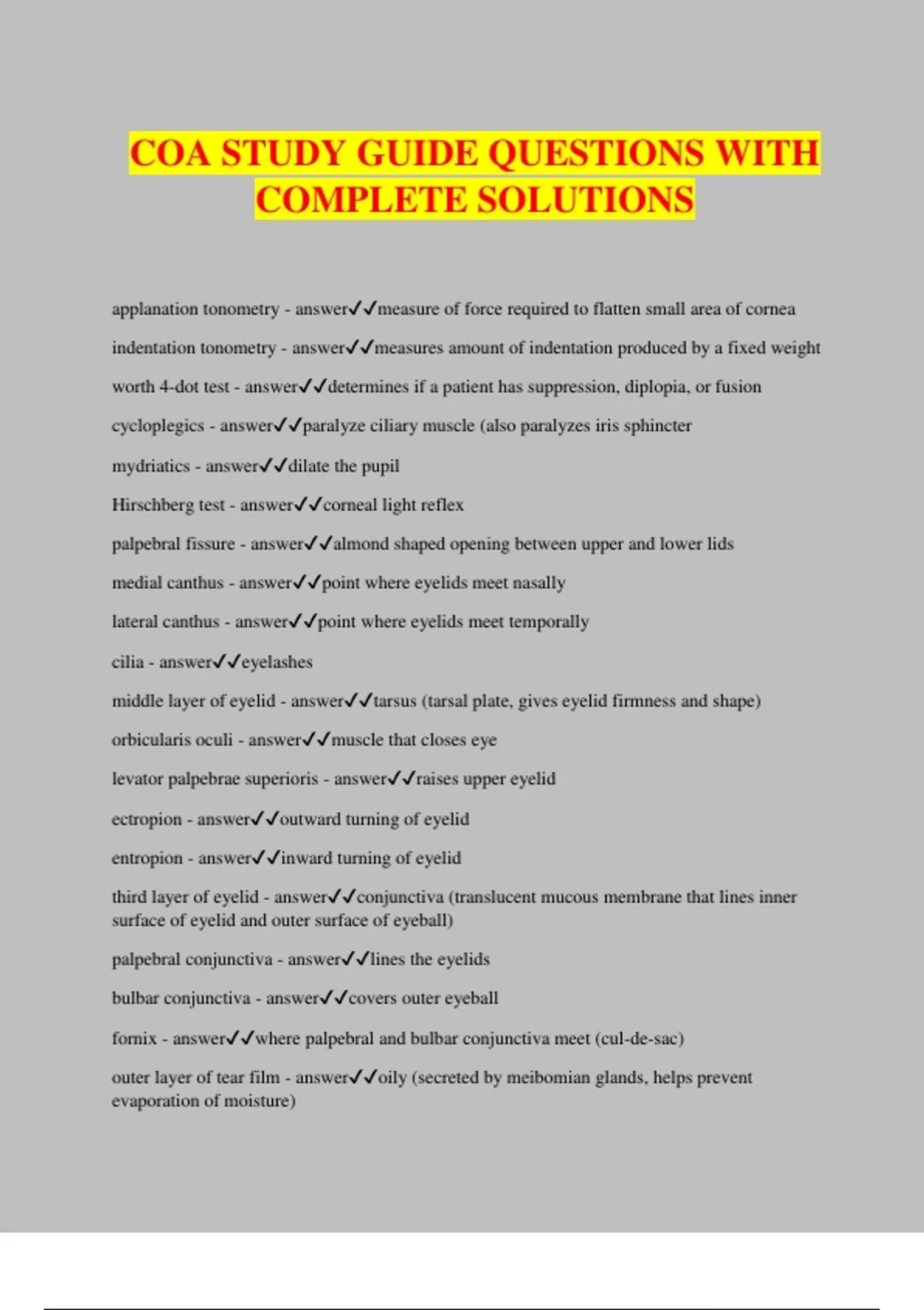 COA STUDY GUIDE QUESTIONS WITH COMPLETE SOLUTIONS - COA - Stuvia US