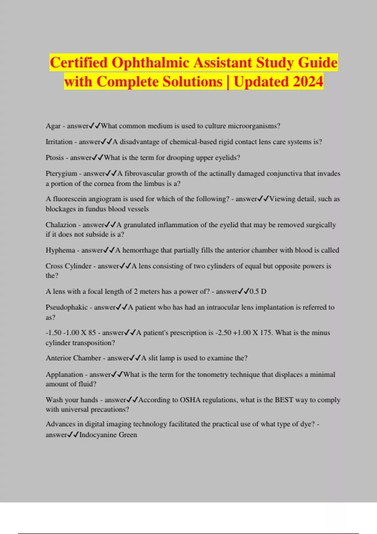 Certified Ophthalmic Assistant Study Guide with Complete Solutions | Updated 2024 - COA - Stuvia US