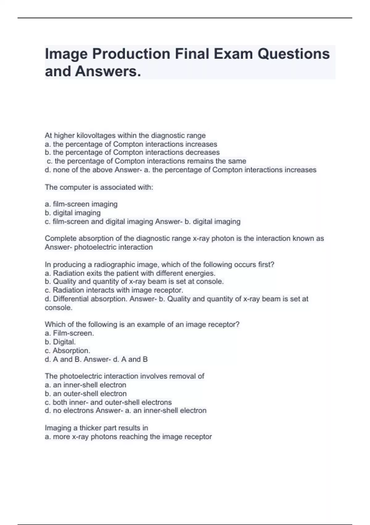 Image Production Final Exam Questions and Answers - Image production ...