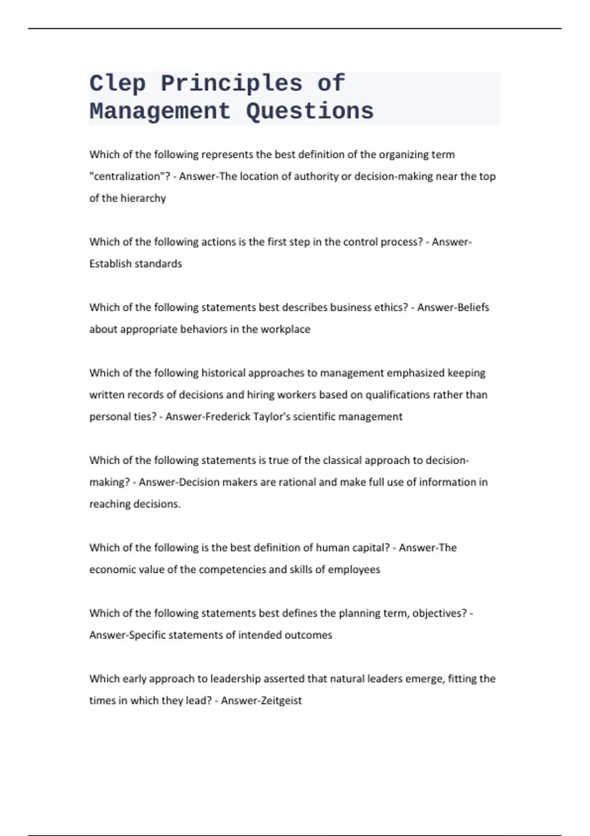 Clep Principles of Management Questions 2024 - Clep Principles of ...