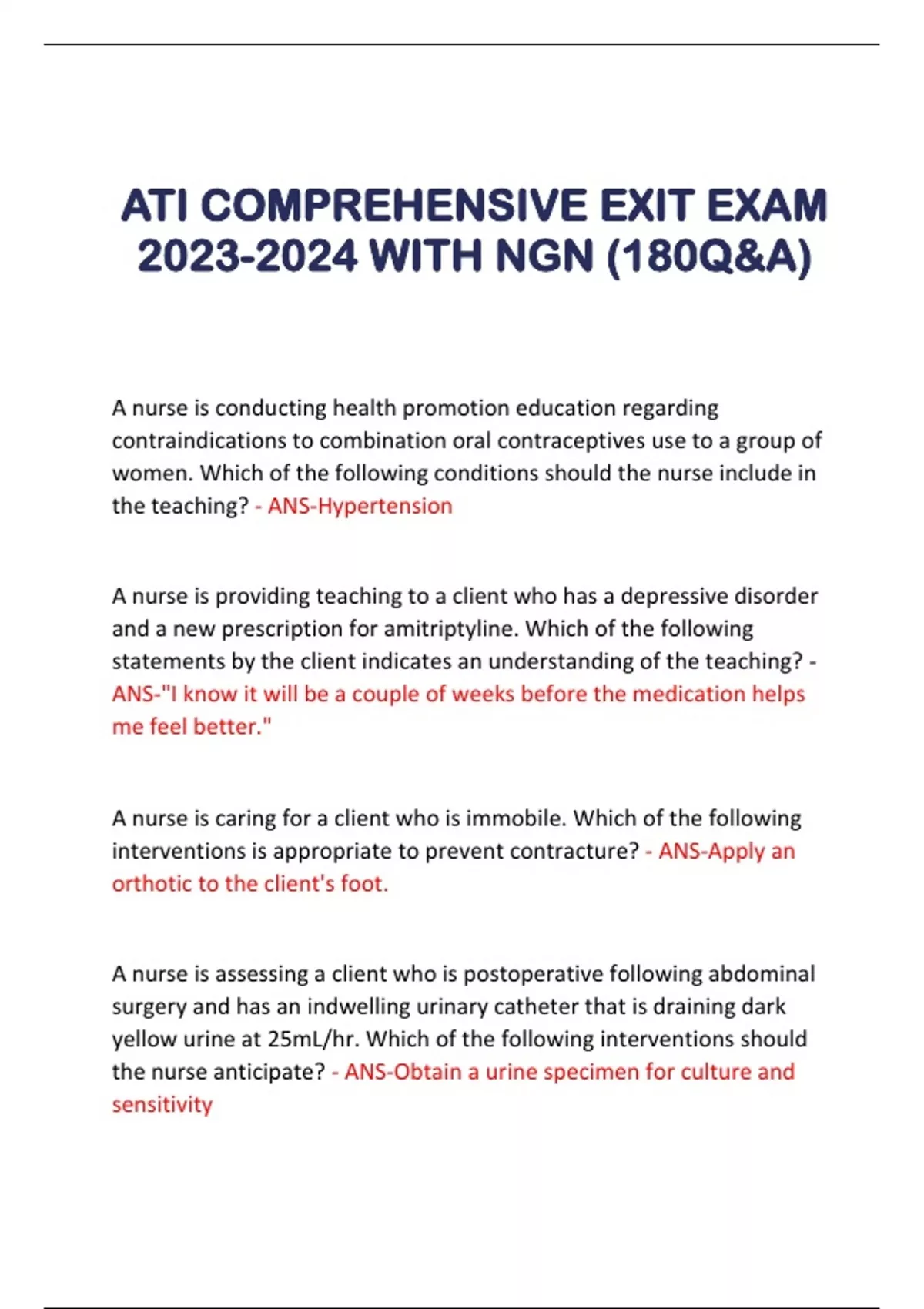 ATI COMPREHENSIVE EXIT EXAM WITH NGN (180Q&A) - ATI COMPREHENSIVE EX - Stuvia US