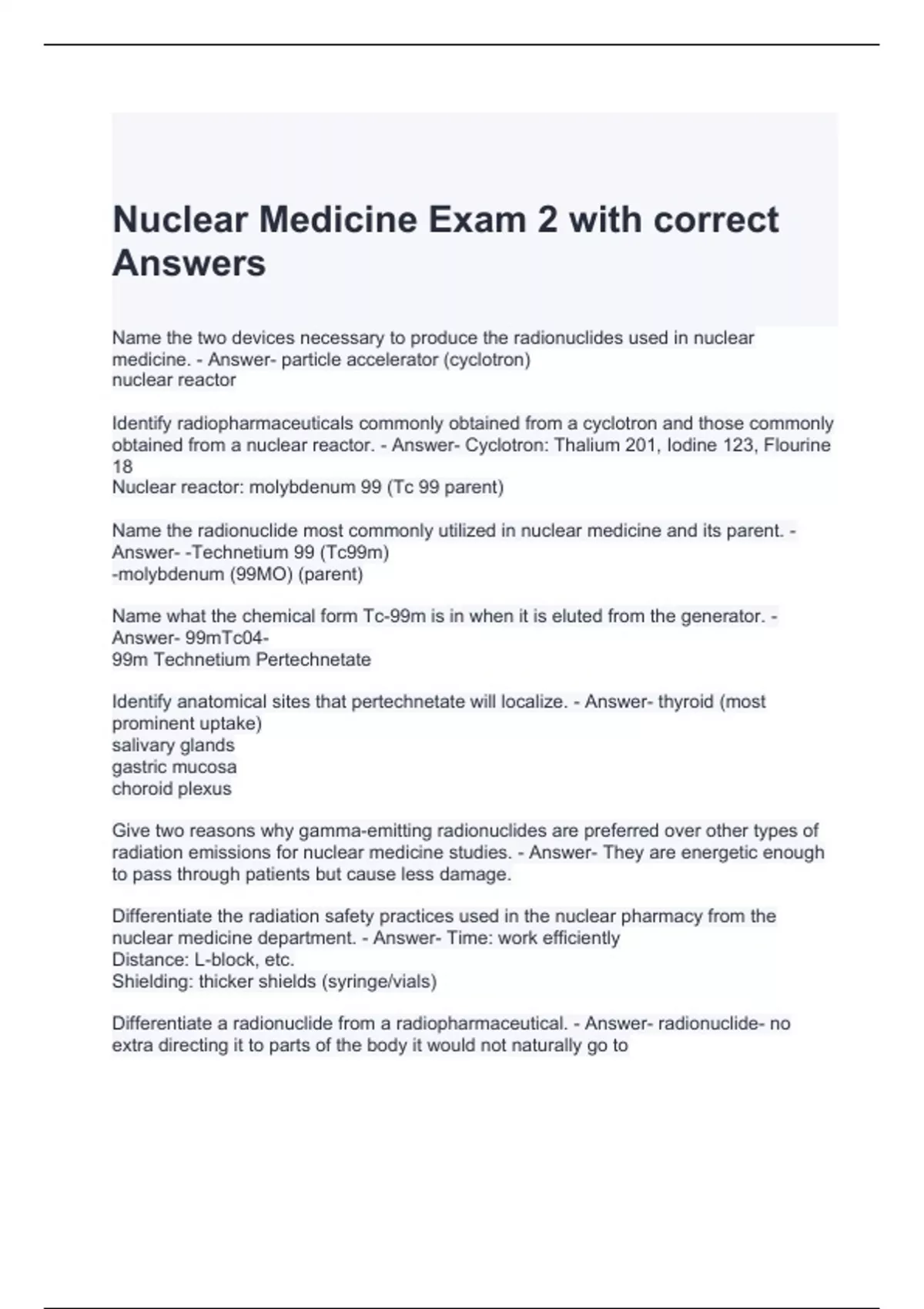Nuclear Medicine Exam 2 with correct Answers - Nuclear medicine - Stuvia US