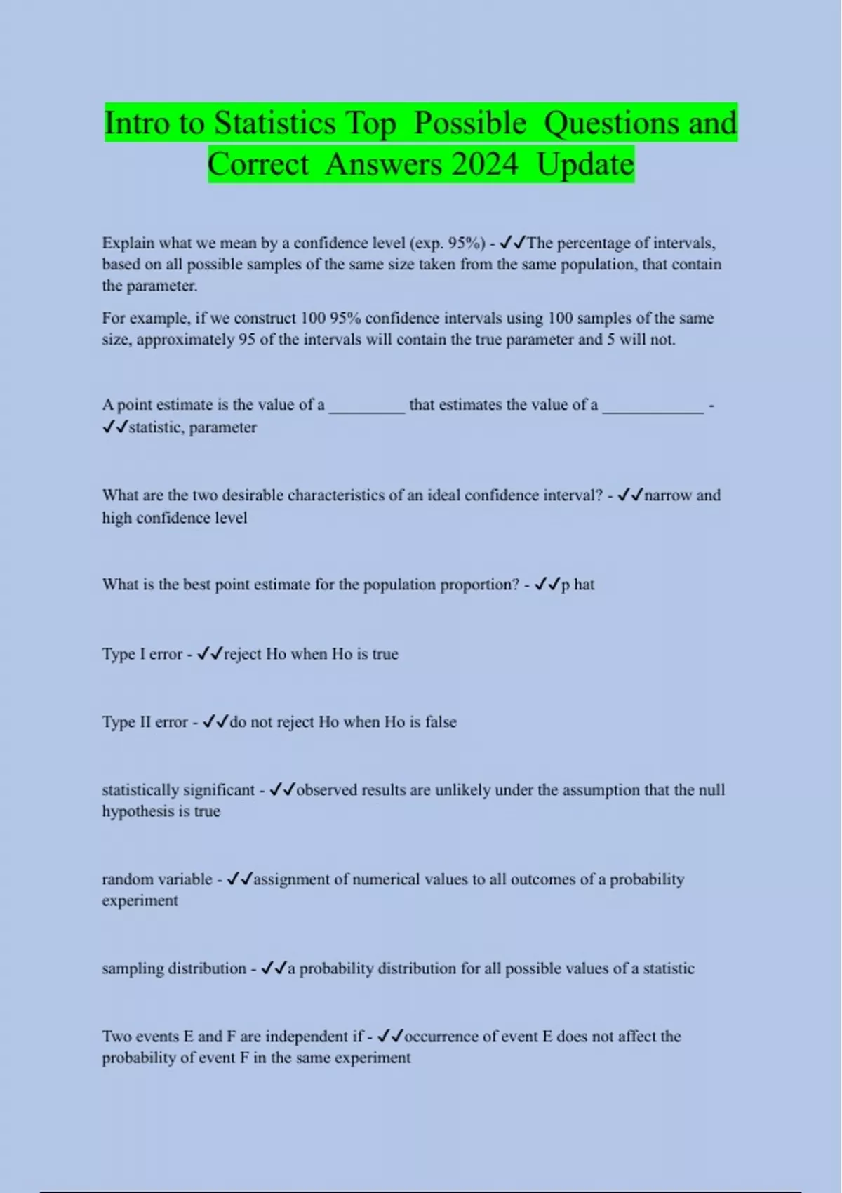 Intro to Statistics Top Possible Questions and Correct Answers 2024 ...