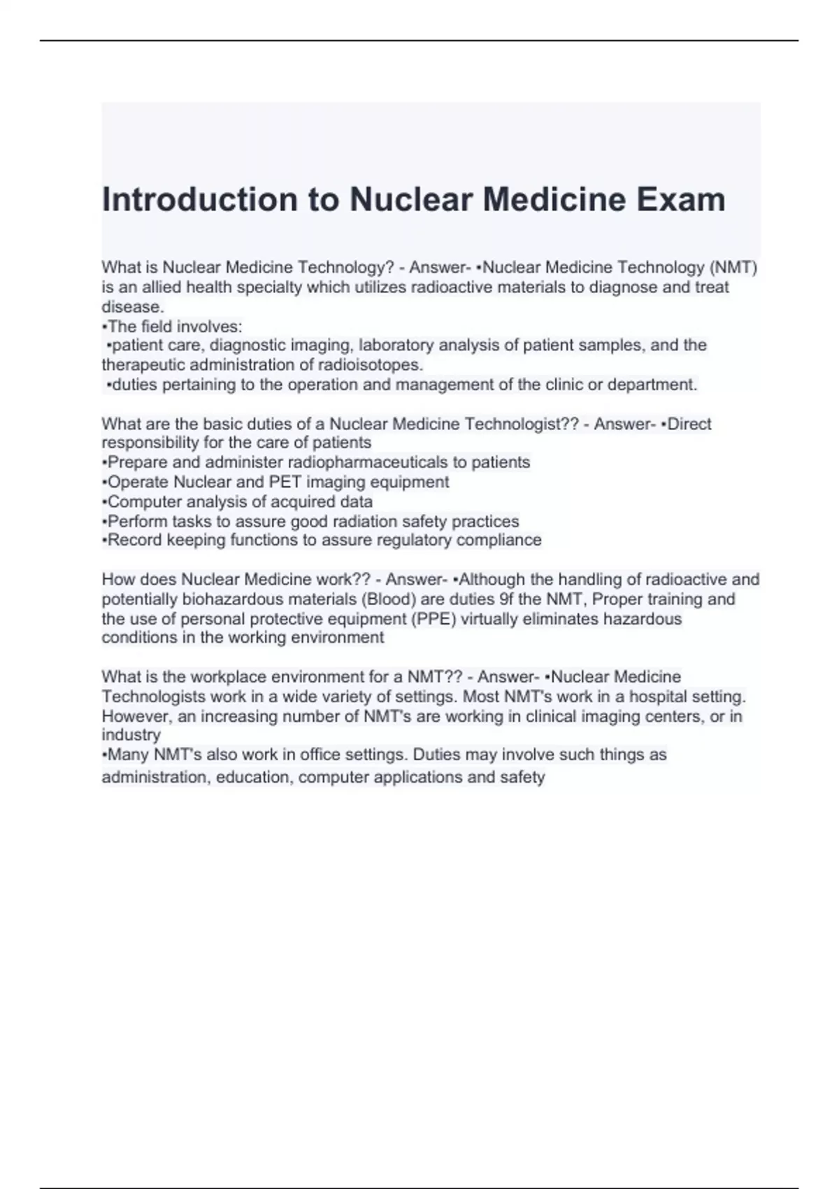 Introduction to Nuclear Medicine Exam Questions and Answers - Nuclear ...
