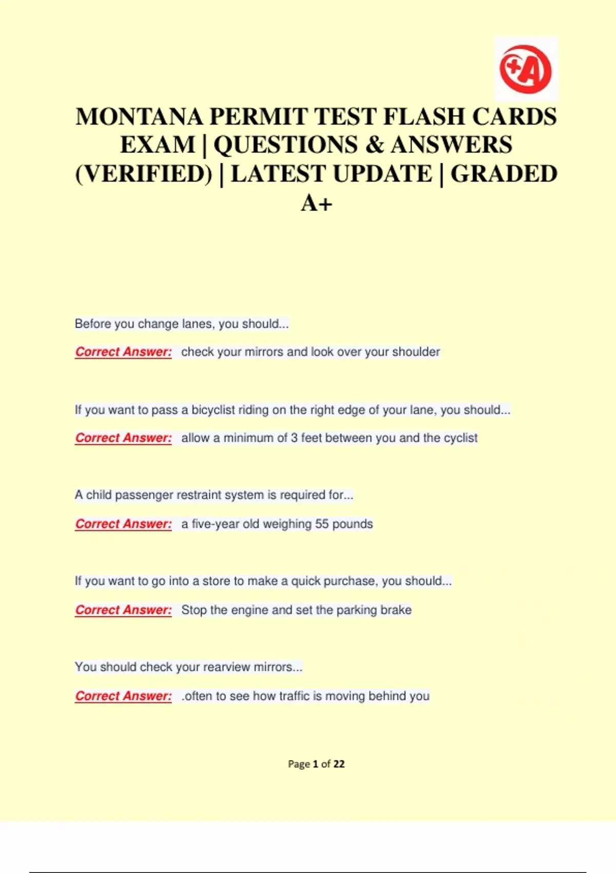 Montana Permit Test Flash Cards Exam Questions And Answers Verified Latest Update Graded