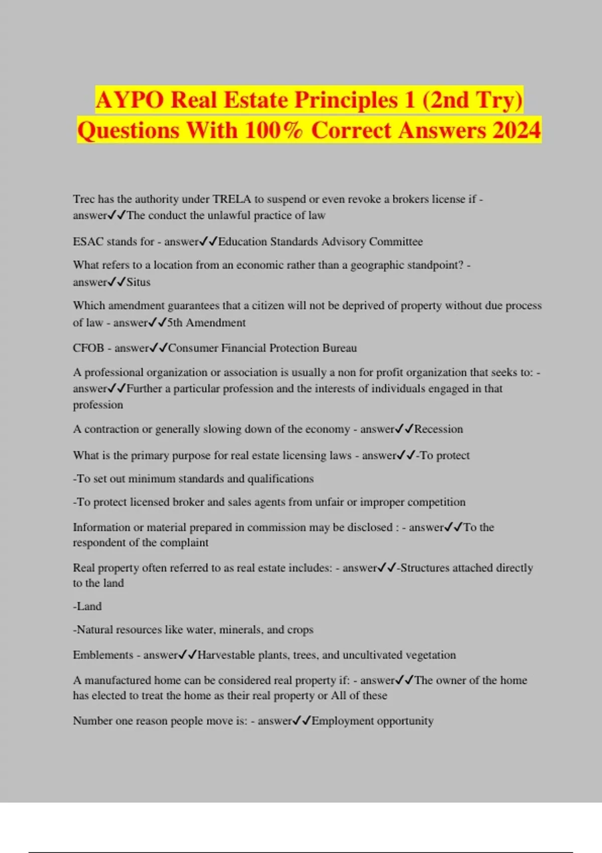 AYPO Real Estate Principles 1 (2nd Try) Questions With 100% Correct ...