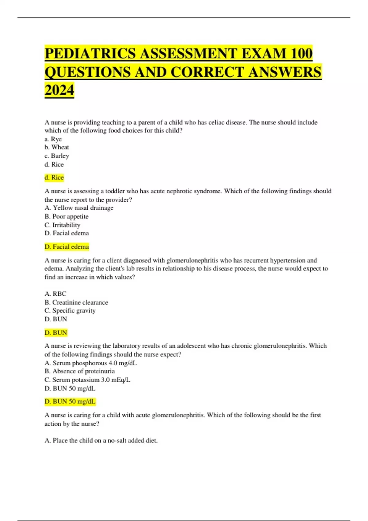 PEDIATRICS ASSESSMENT EXAM 100 QUESTIONS AND CORRECT ANSWERS 2024 ...