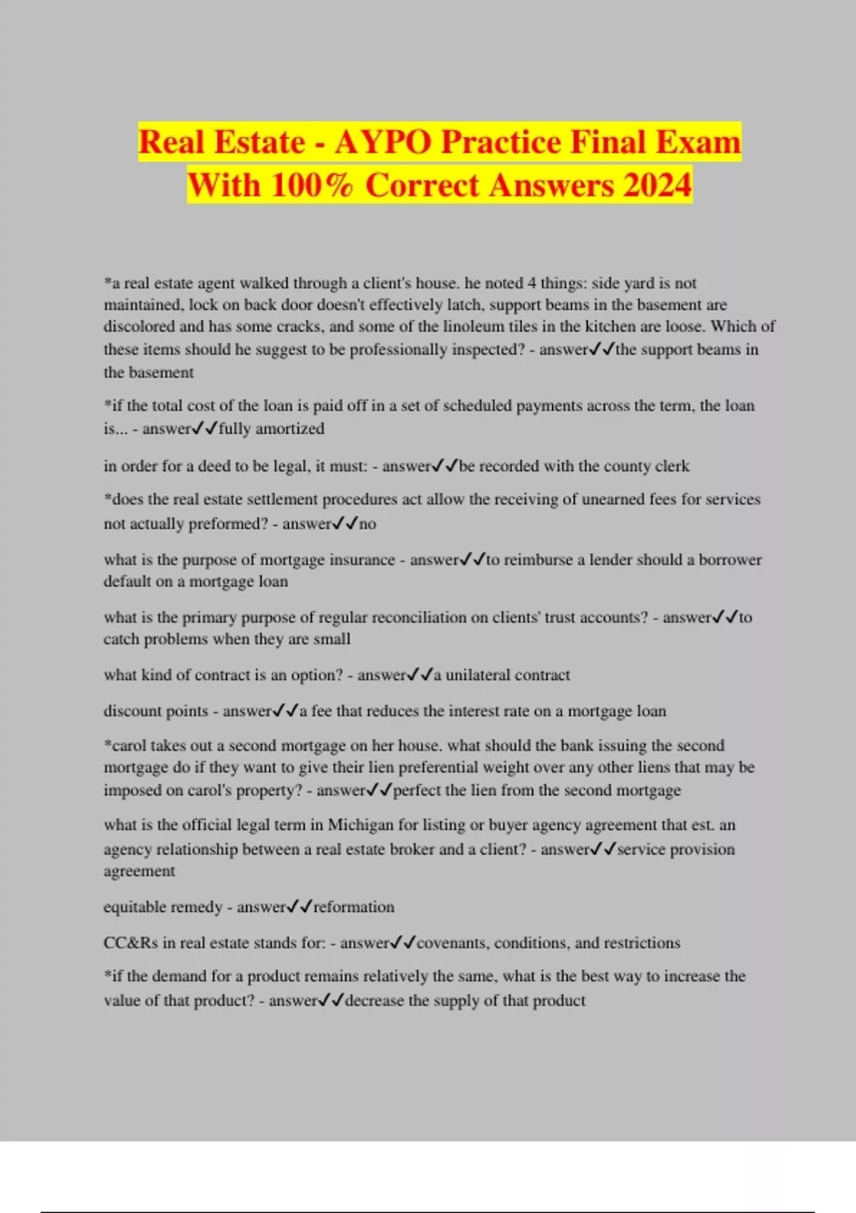 Real Estate - AYPO Practice Final Exam With 100% Correct Answers 2024 ...