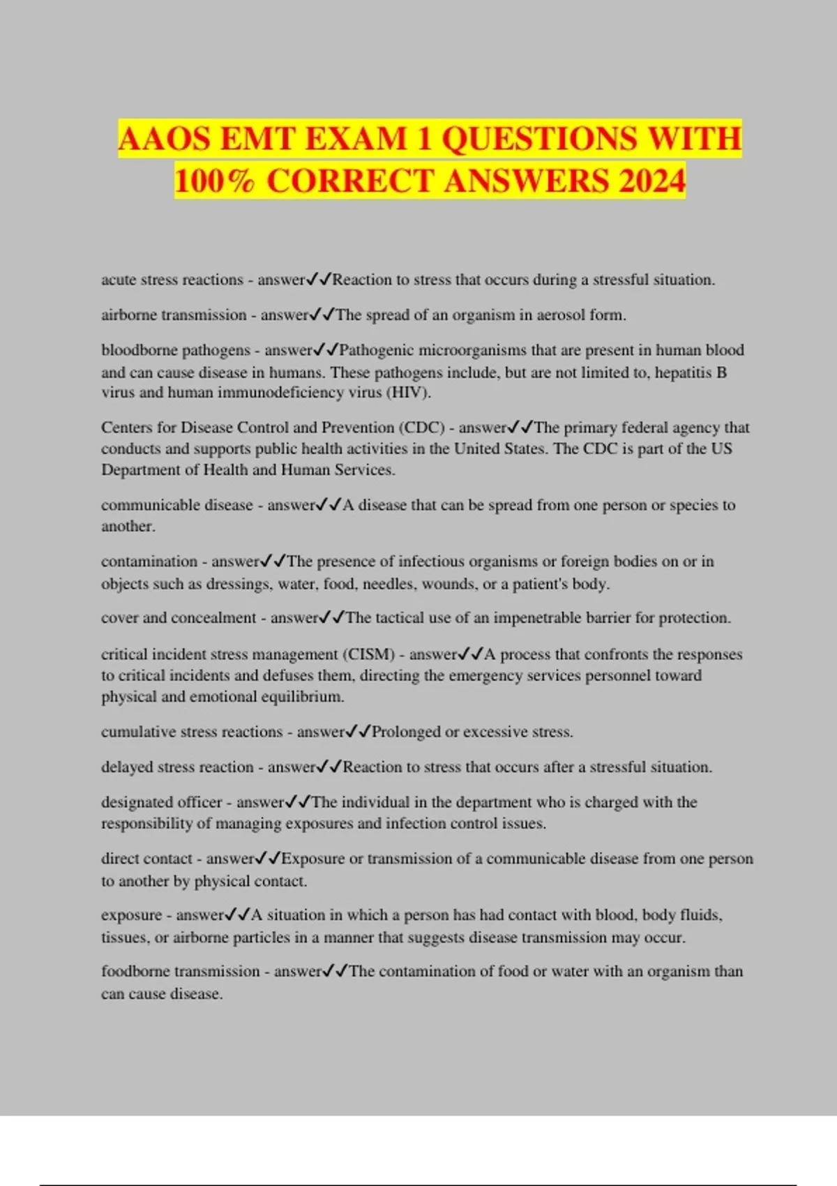 AAOS EMT EXAM 1 QUESTIONS WITH 100% CORRECT ANSWERS 2024 - AAOS - Stuvia US