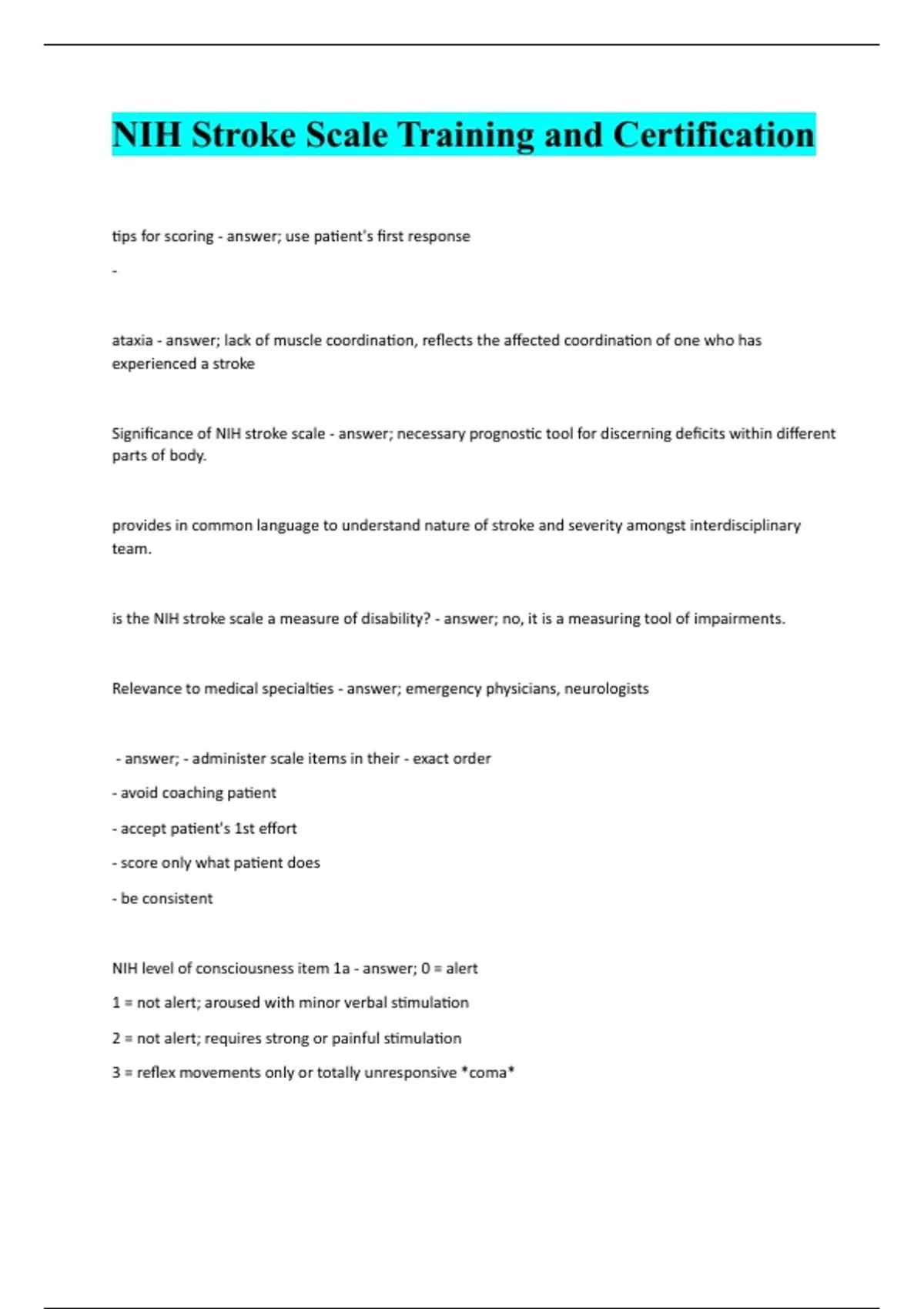 NIH Stroke Scale Training and Certification questions with correct answers - NIH Stroke Scale ...