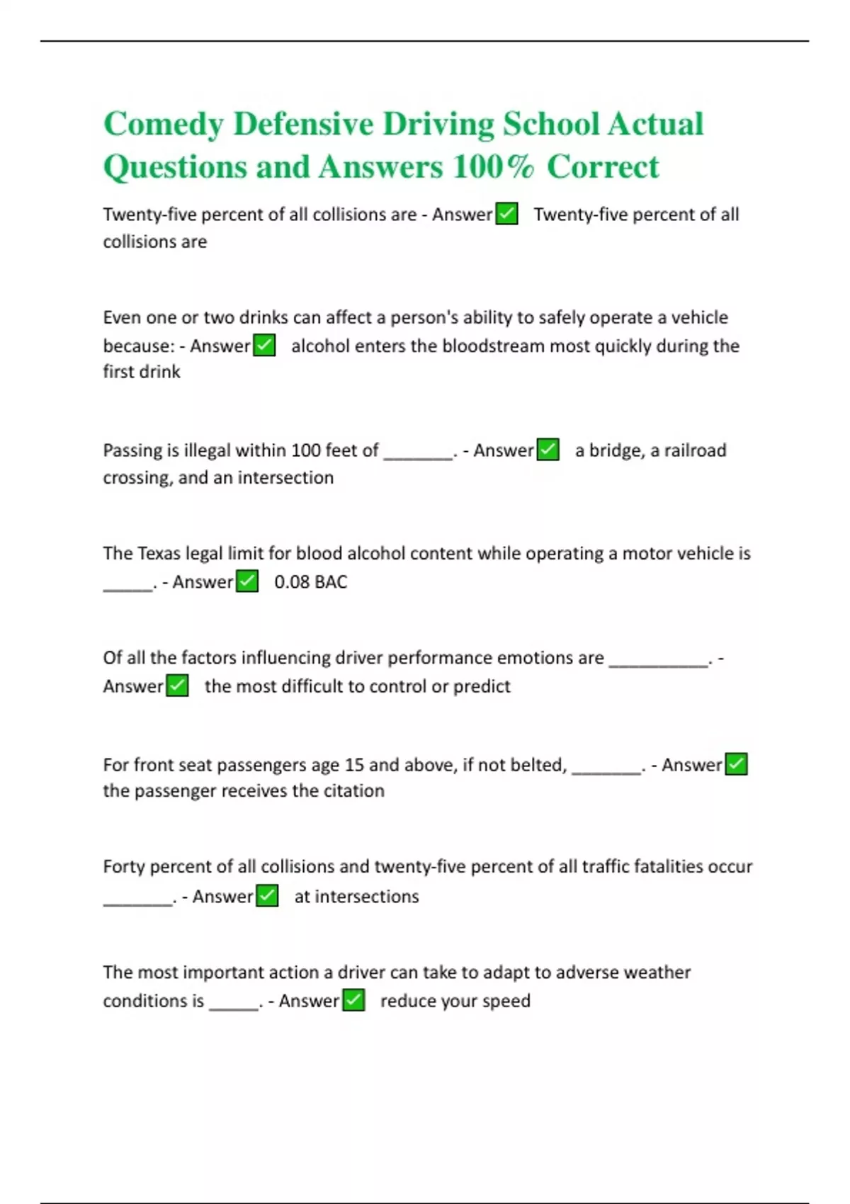 Comedy Defensive Driving School Actual Questions and Answers 100% ...