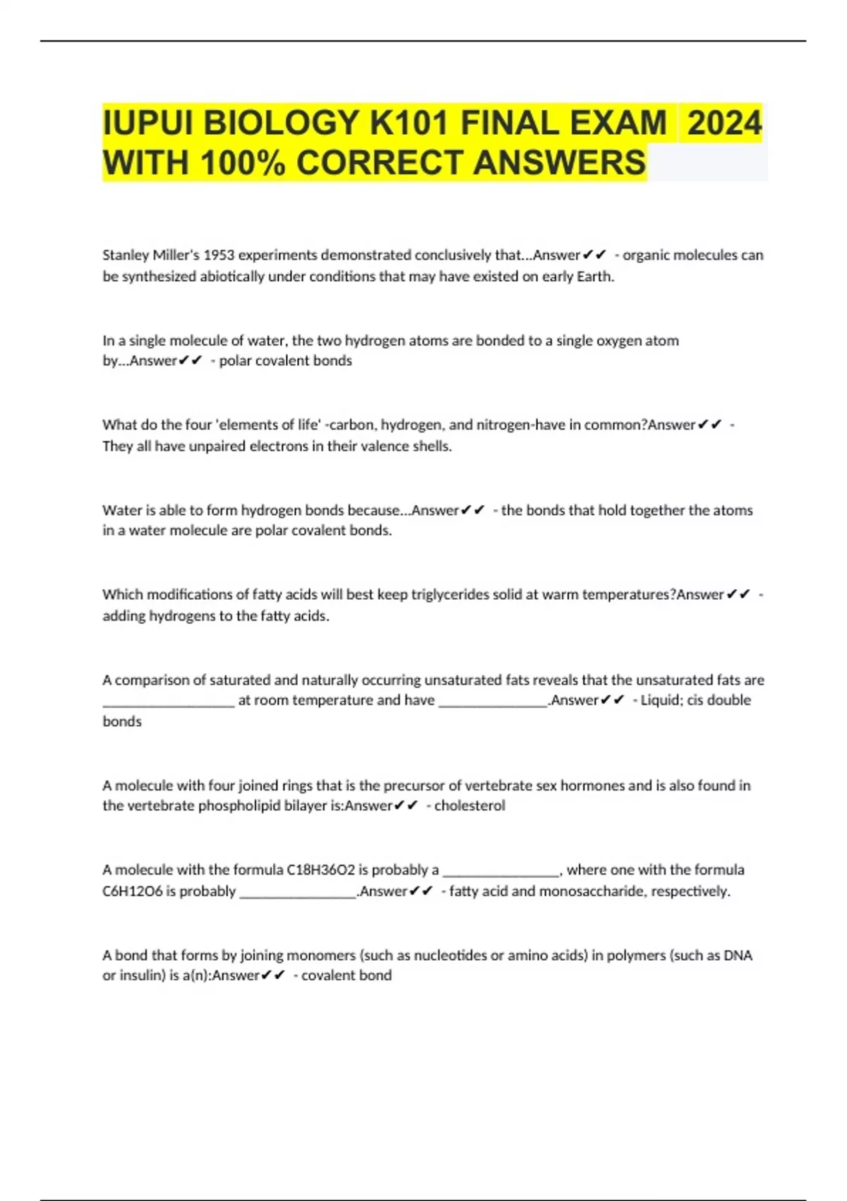 IUPUI BIOLOGY K101 FINAL EXAM 2024 WITH 100% CORRECT ANSWERS - IUPUI BIOLOGY K101 - Stuvia US