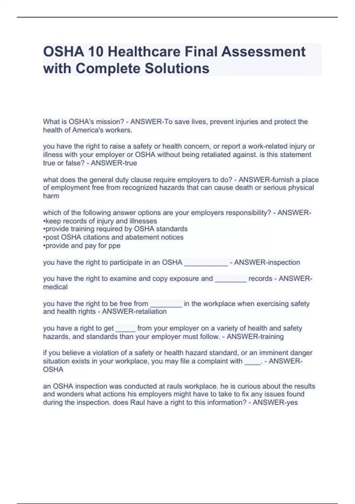 OSHA 10 Healthcare Final Assessment with Complete Solutions - OSHA 10 ...