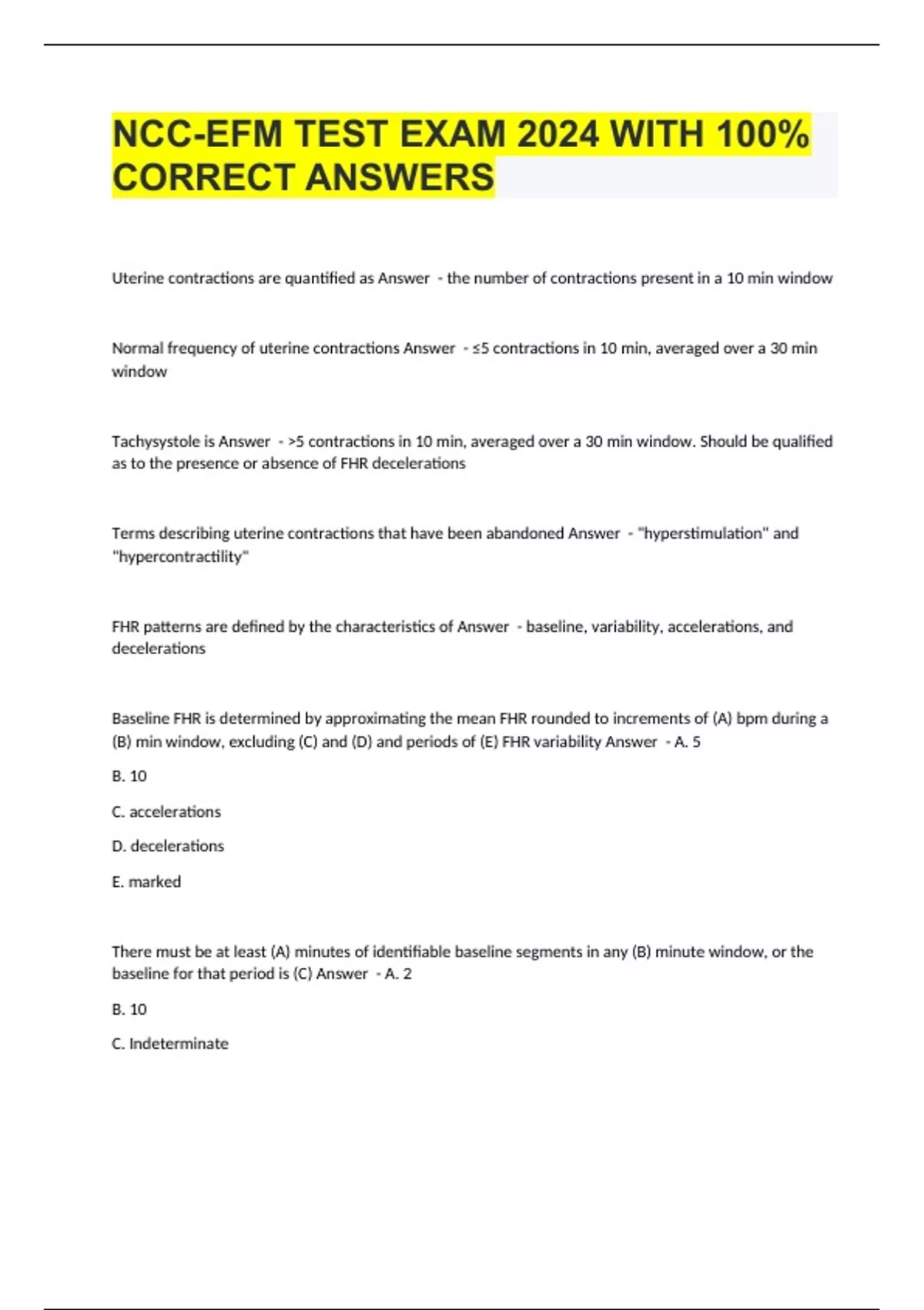 NCC-EFM TEST EXAM 2024 WITH 100% CORRECT ANSWERS - NCC-EFM - Stuvia US