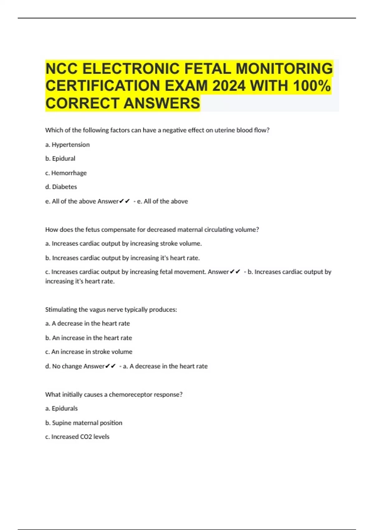NCC ELECTRONIC FETAL MONITORING CERTIFICATION EXAM 2024 WITH 100% CORRECT ANSWERS - NCC ...