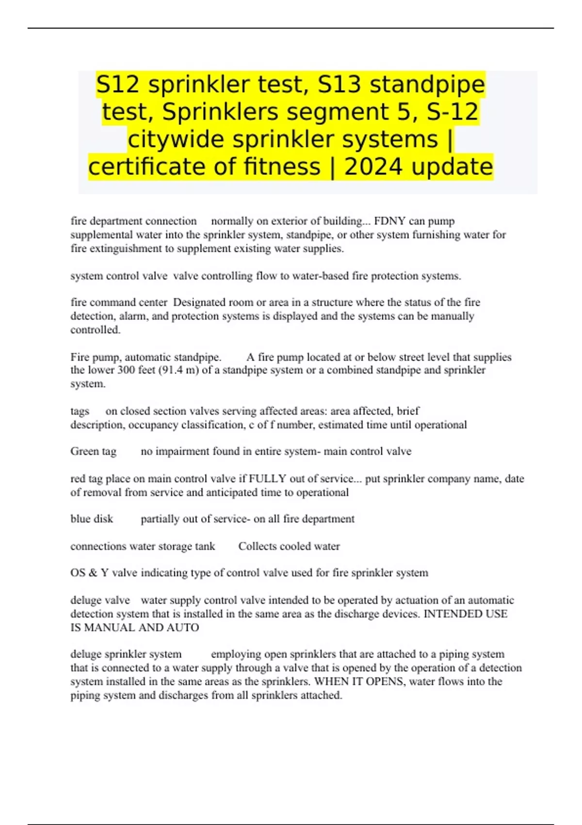 S12 sprinkler test, S13 standpipe test, Sprinklers segment 5, S-12 ...