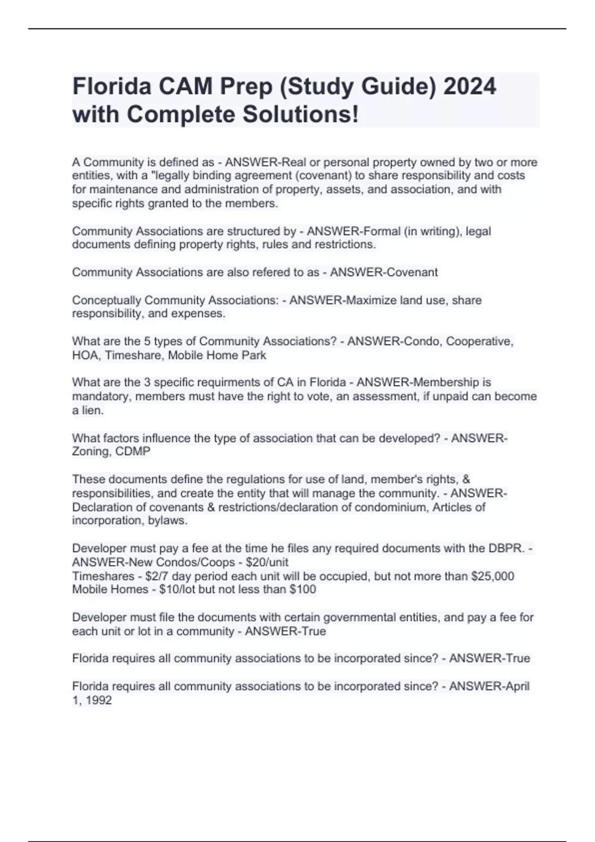 Florida CAM Prep (Study Guide) 2024 with Complete Solutions! - Florida ...