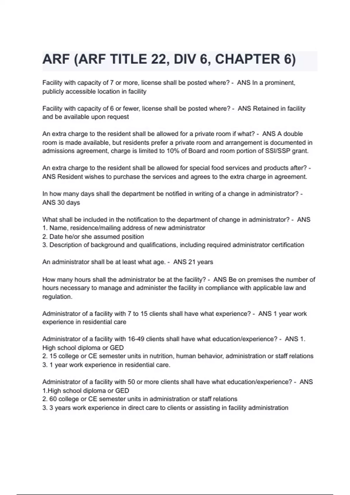 ARF (ARF TITLE 22, DIV 6, CHAPTER 6) Exam Questions with correct ...