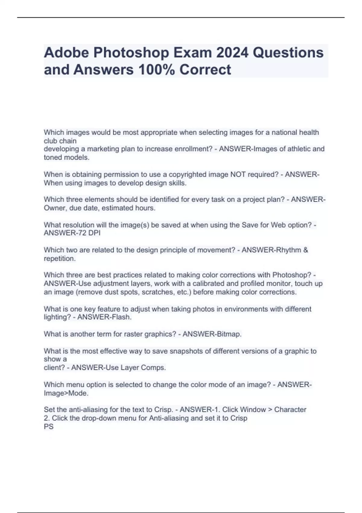 Adobe Photoshop Exam 2024 Questions and Answers 100% Correct - Adobe ...