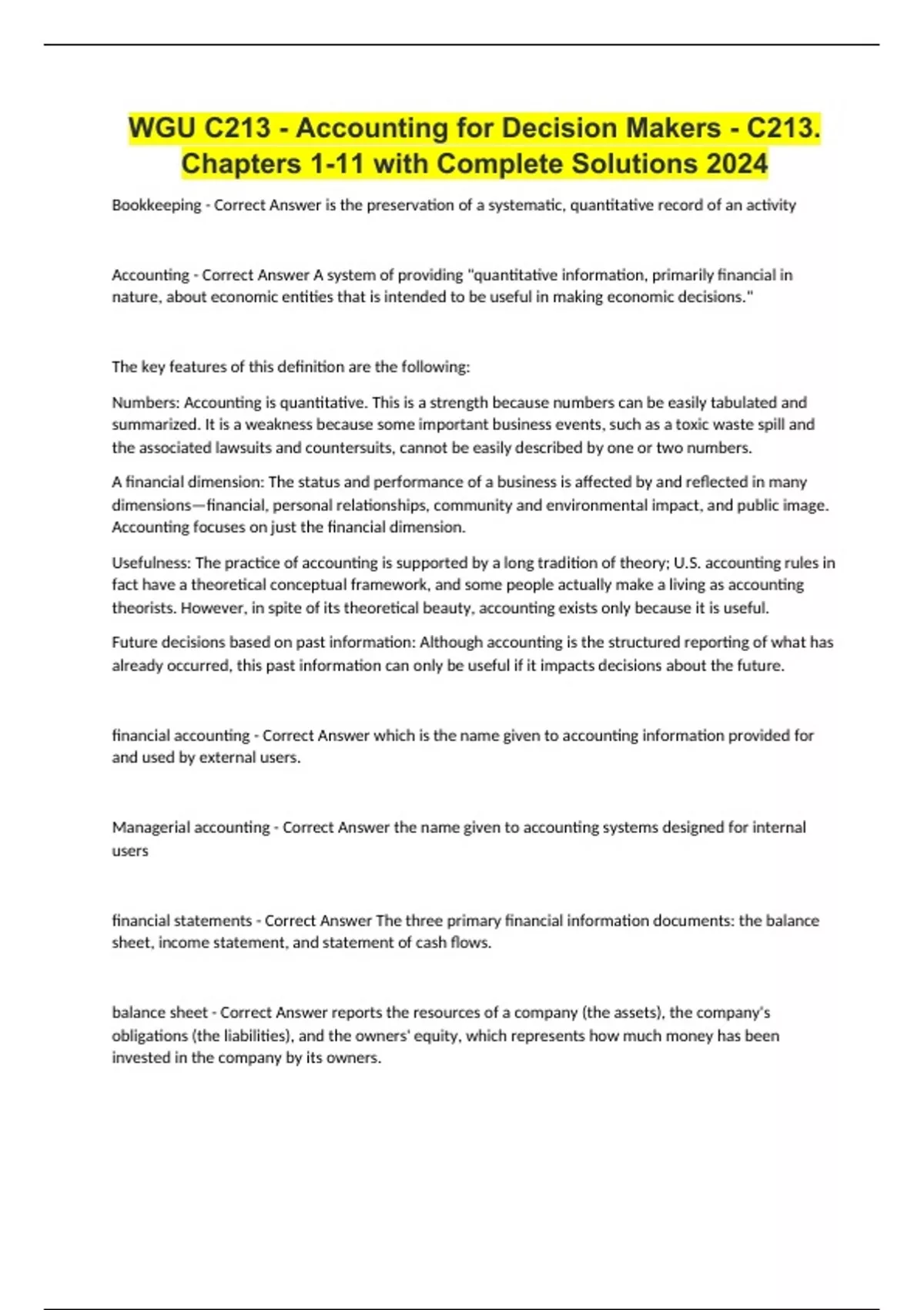 WGU C213 - Accounting for Decision Makers - C213. Chapters 1-11 with ...