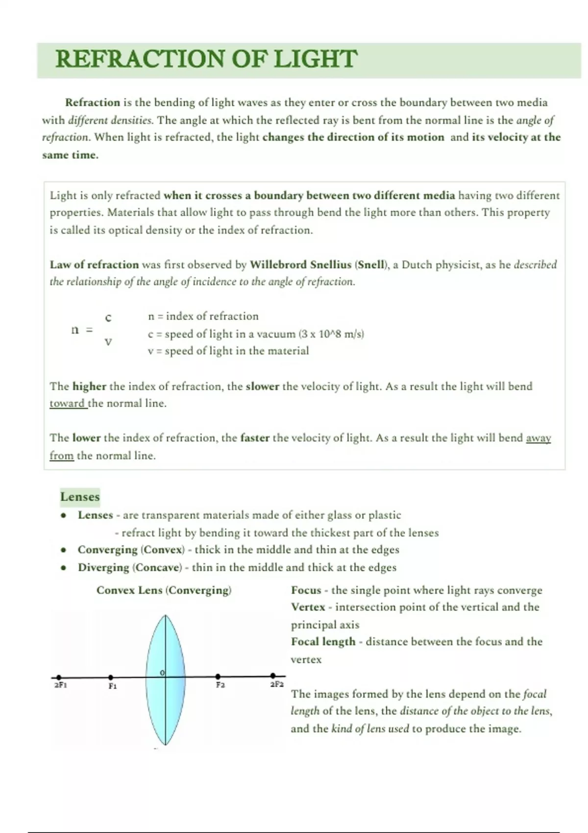 Summary SCIENCE 10: Refraction and Lenses - Science - Stuvia US