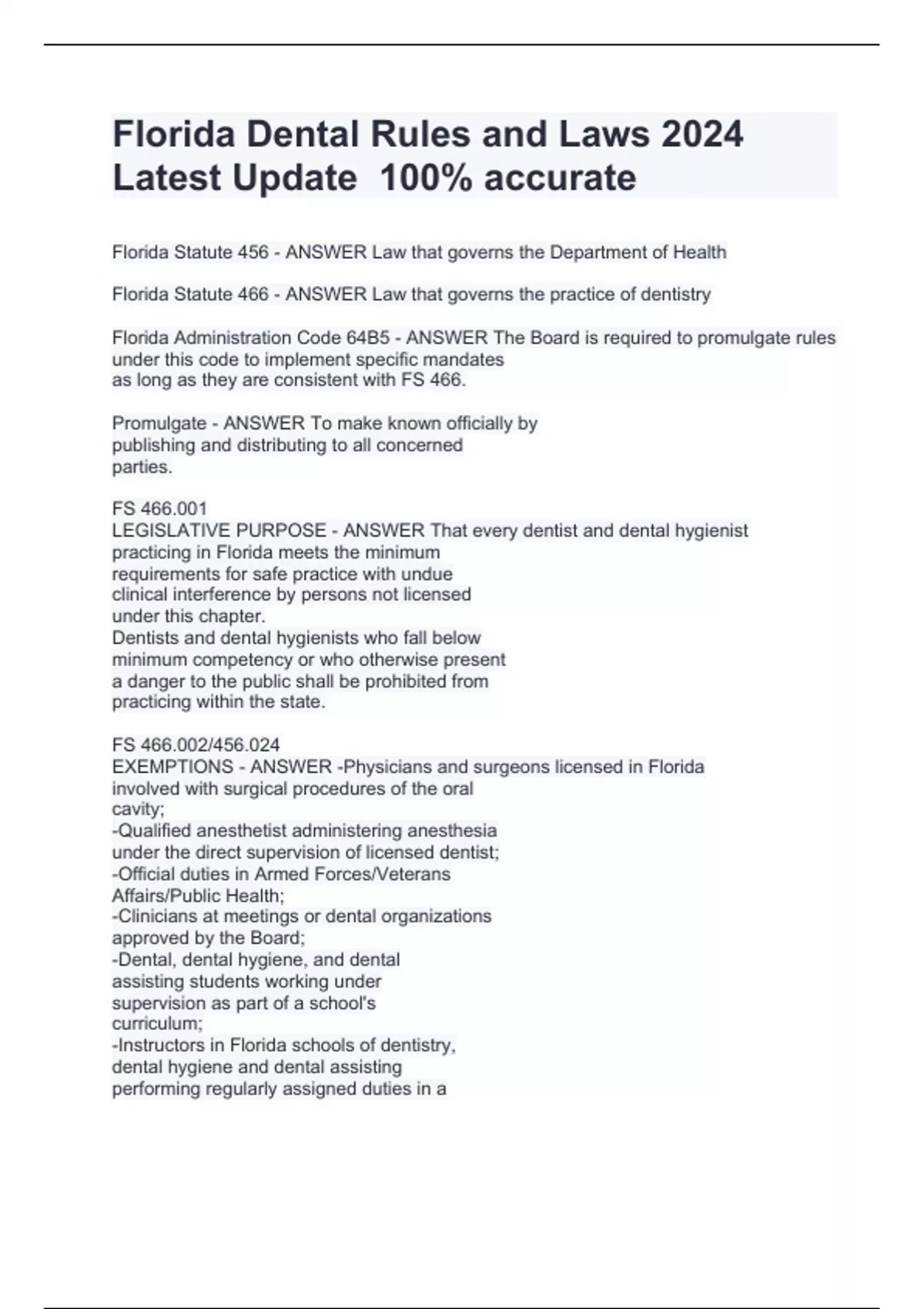 Florida Dental Rules and Laws 2024 Latest Update 100% accurate ...