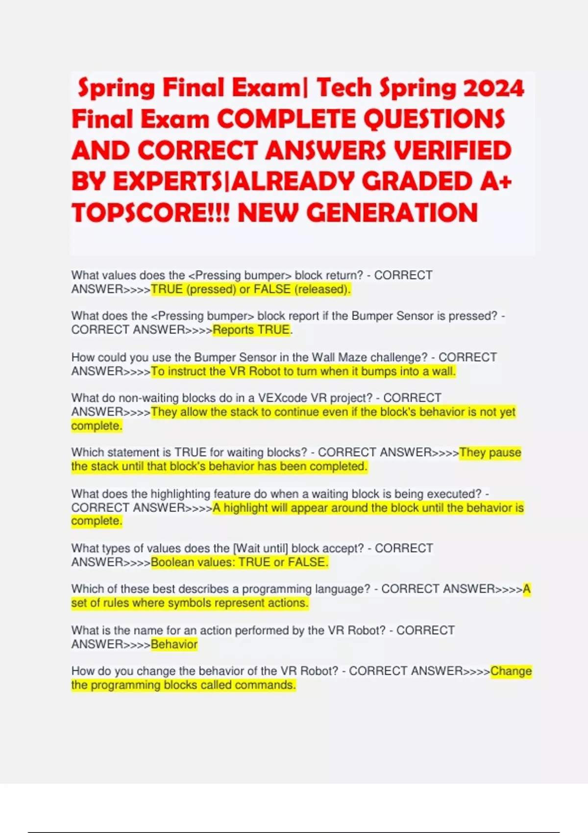 NEW CSHS SPRING FINAL EXAM REVIEW 2024 COMPLETE QUESTIONS AND CORRECT ...