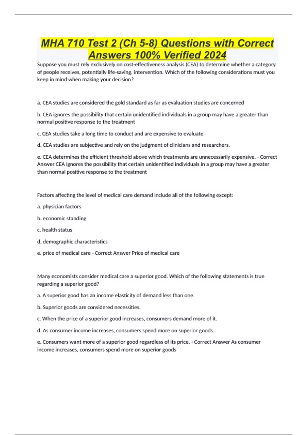 MHA 710 Test 2 (Ch 5-8) Questions with Correct Answers 100% Verified ...