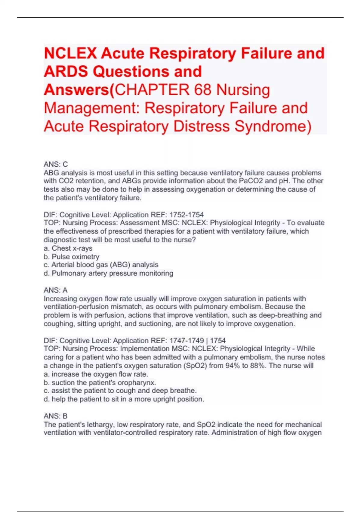 NCLEX Acute Respiratory Failure and ARDS Actual Questions and Answers ...