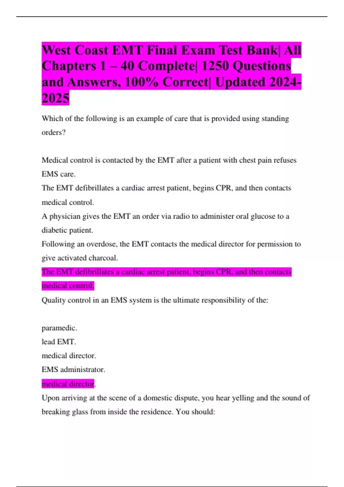 West Coast EMT Final Exam Test Bank| All Chapters 1 – 40 Complete| 1250 ...