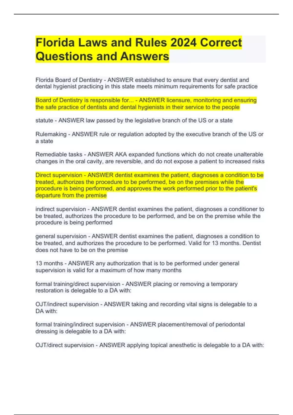 Florida Laws and Rules 2024 Correct Questions and Answers - Florida ...