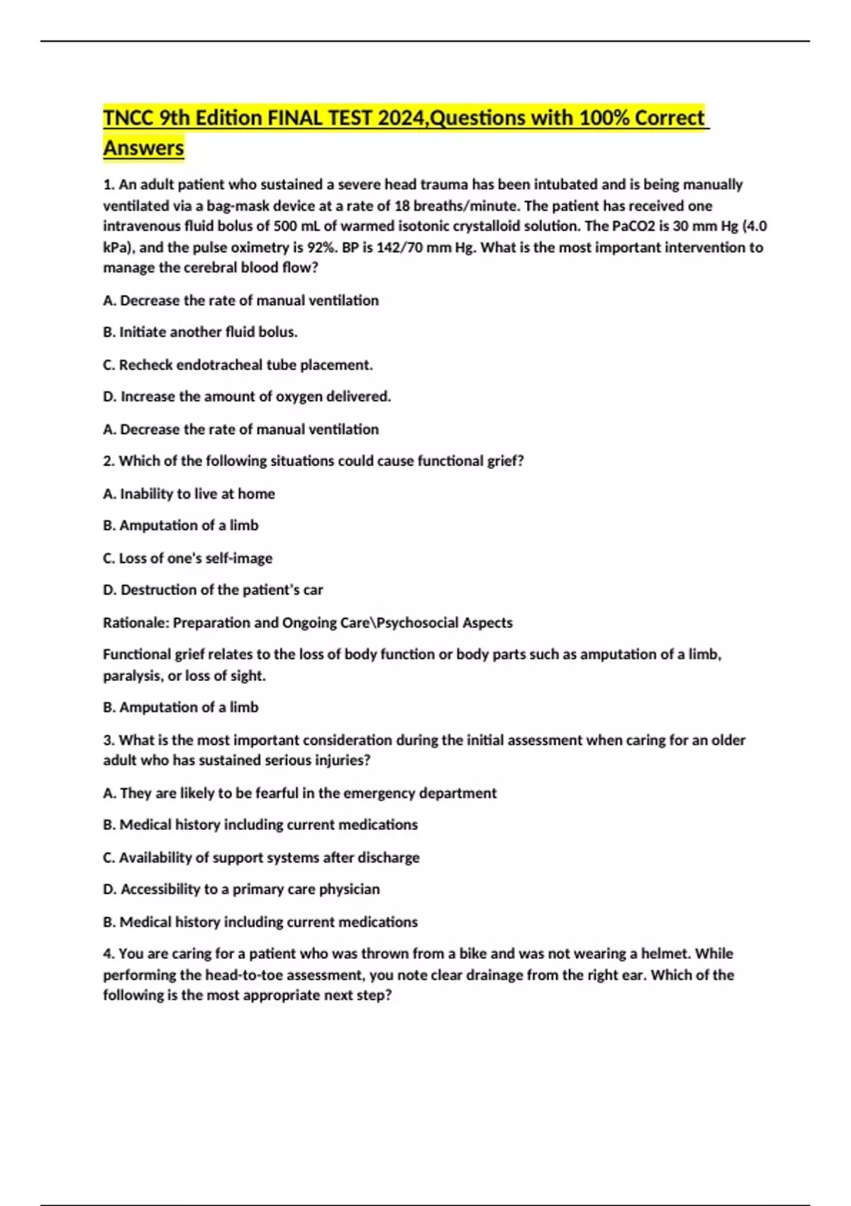TNCC 9th Edition FINAL TEST 2024,Questions with 100% Correct Answers ...