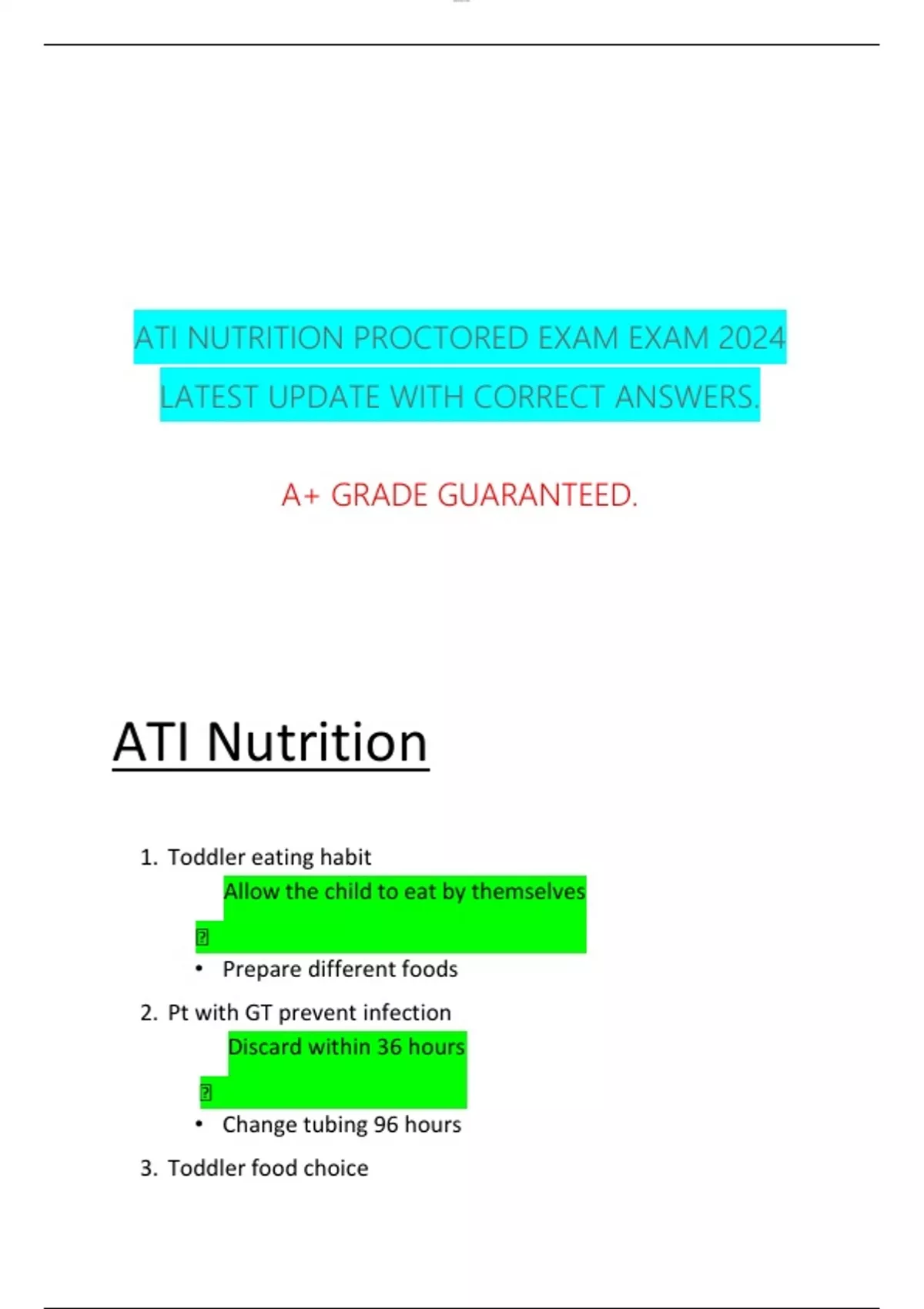 ATI NUTRITION PROCTORED EXAM EXAM 2024 LATEST UPDATE WITH CORRECT ...