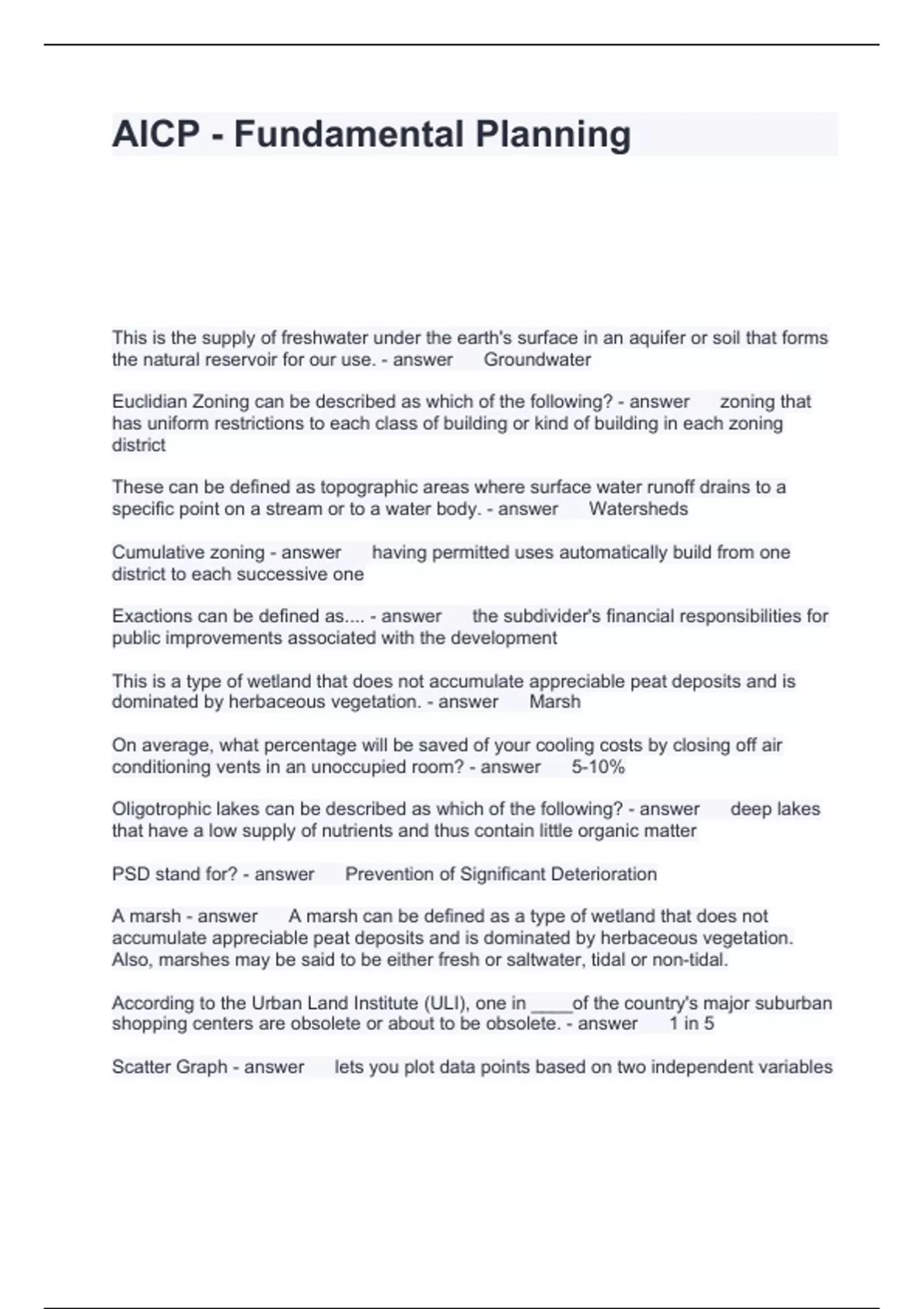 AICP - Fundamental Planning Questions with correct Answers 2024 - AICP - Stuvia US