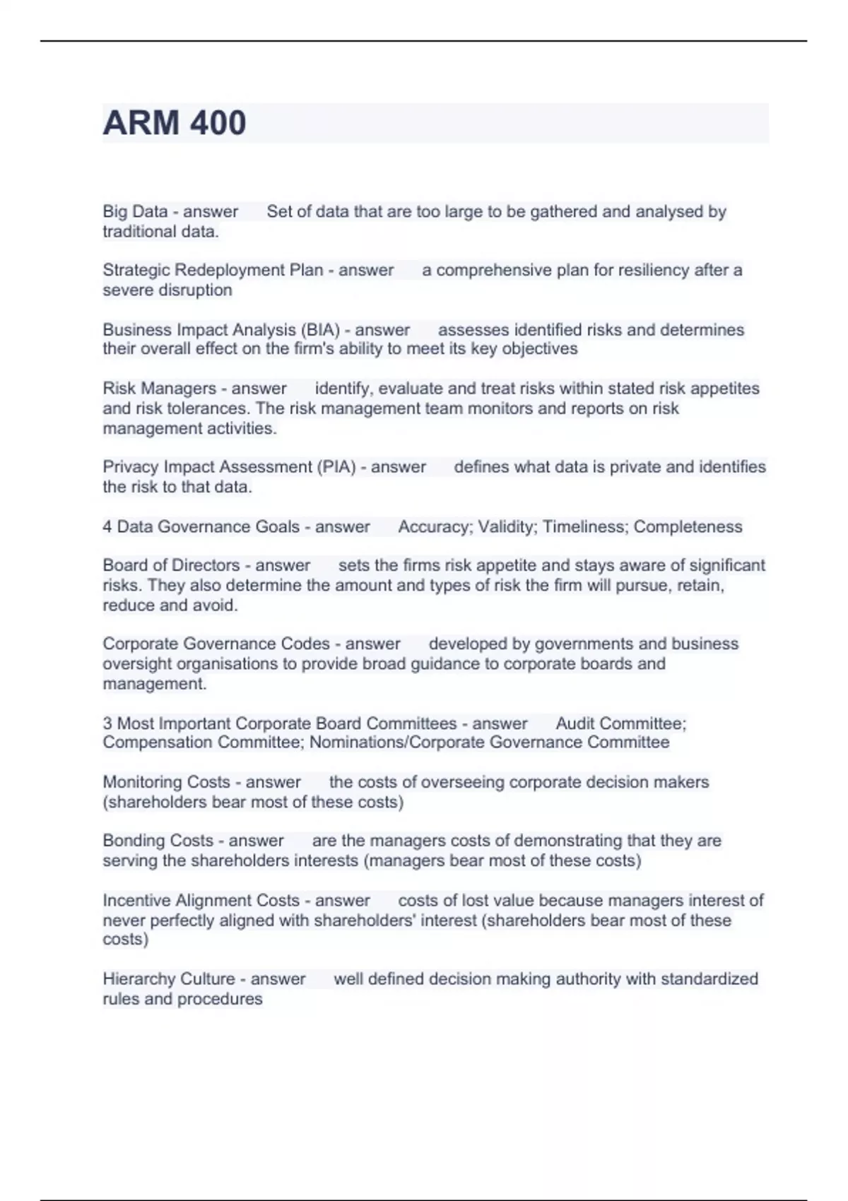 ARM 400 QUESTIONS WITH CORRECT ANSWERS 2024 - ARM 400 - Stuvia US