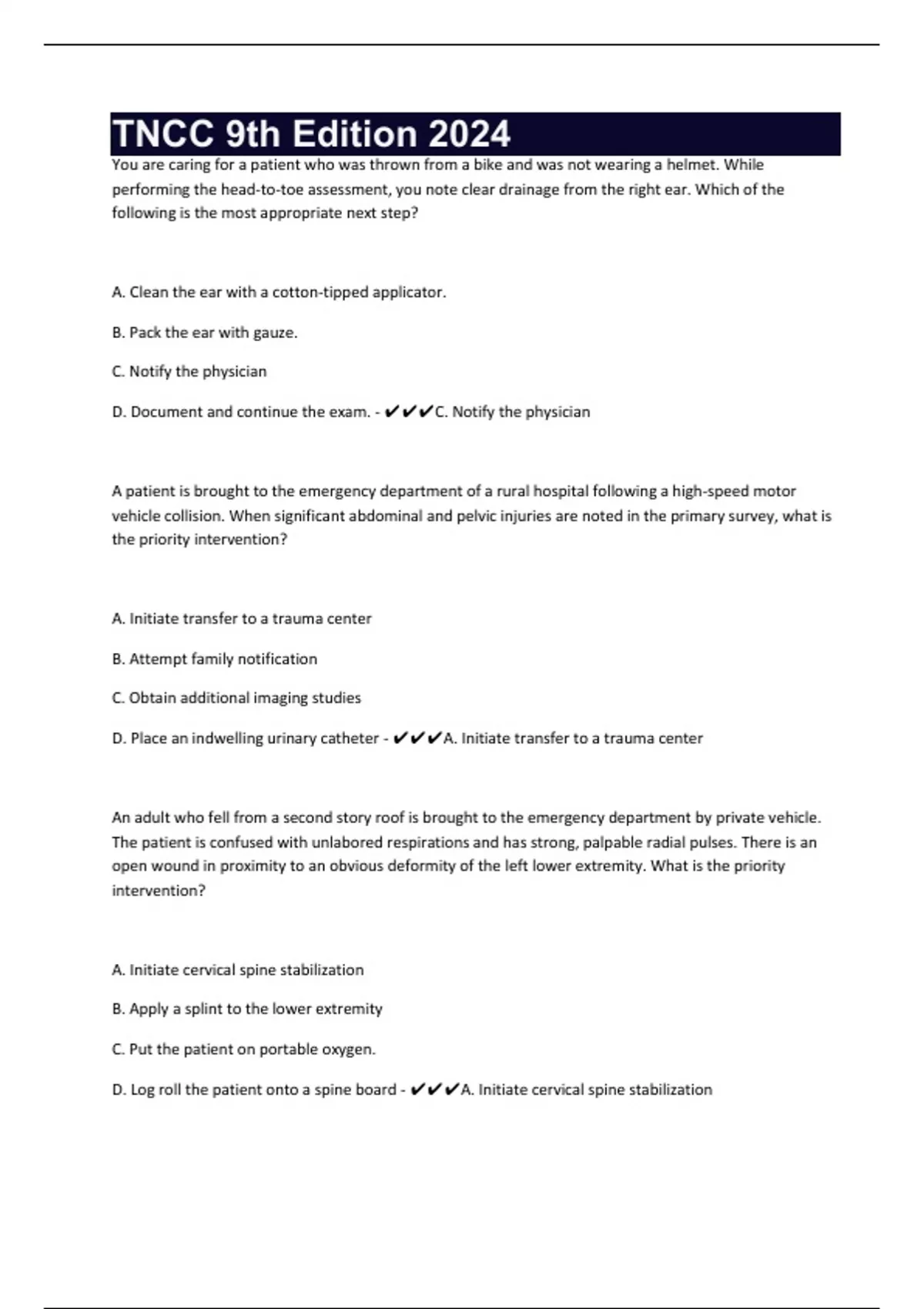 TNCC 9th Edition 2024 - TNCC-Trauma Nursing Core Course - Stuvia US