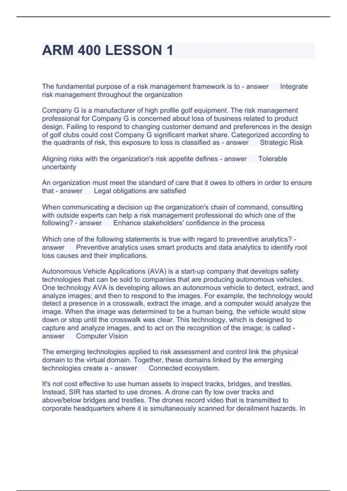 ARM 400 LESSON 1 QUESTIONS WITH VERIFIED ANSWERS 2024 - ARM 400 - Stuvia US