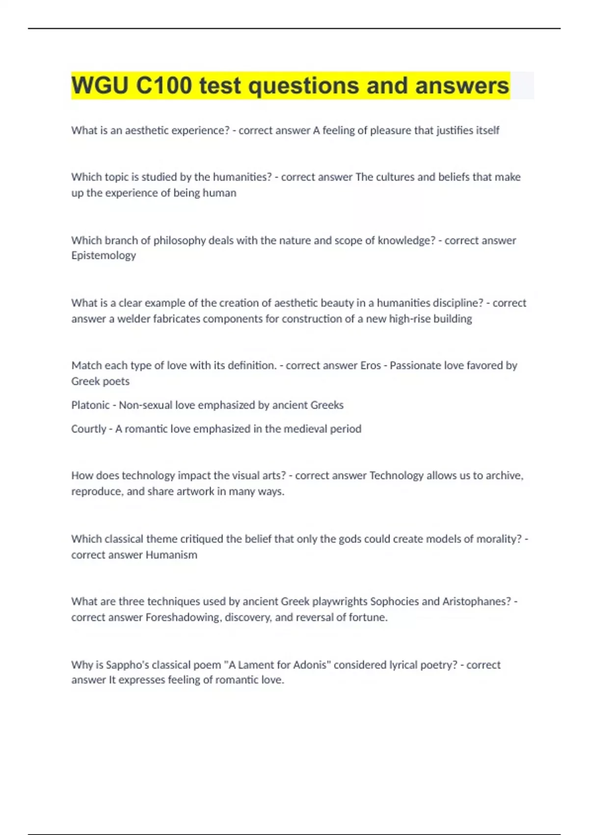 WGU C100 INTRODUCTION TO HUMANITIES 2024 test questions and answers ...