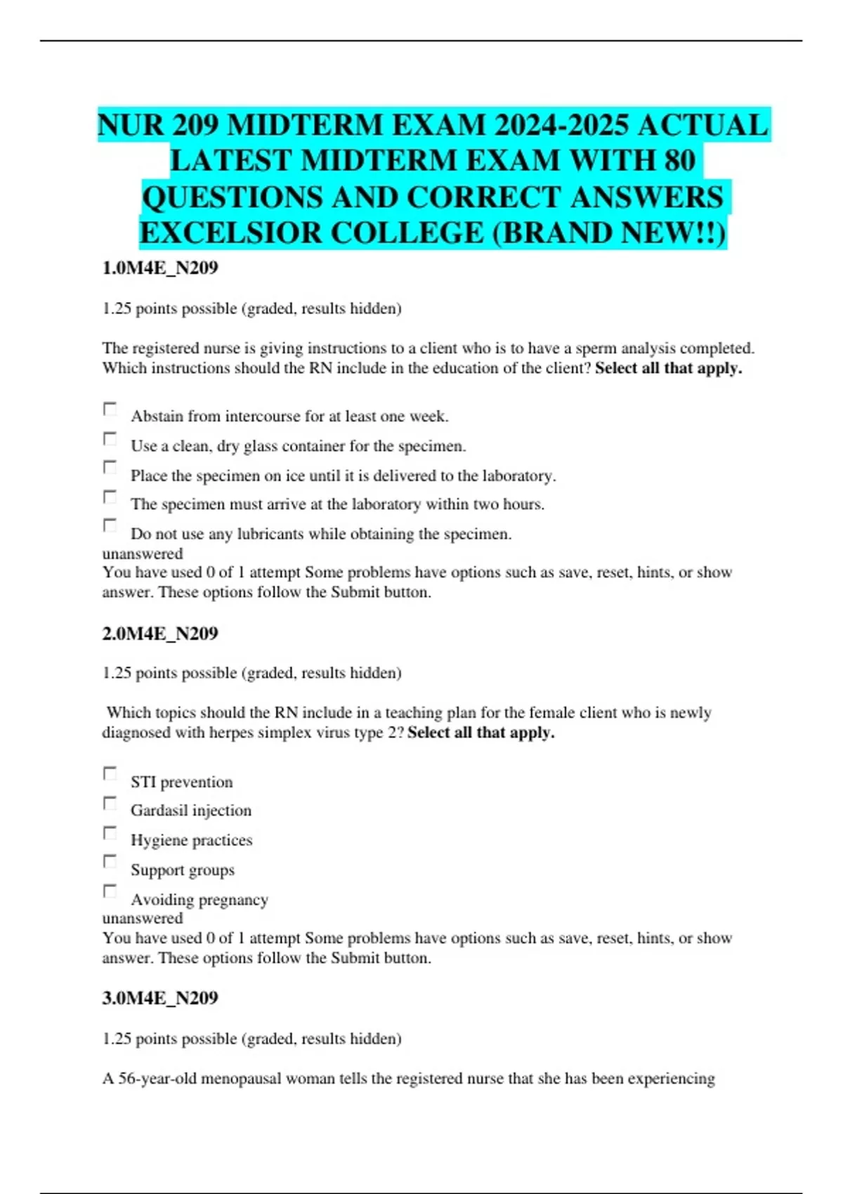NUR 209 MIDTERM EXAM ACTUAL LATEST MIDTERM EXAM WITH 80 QUESTIONS AND ...