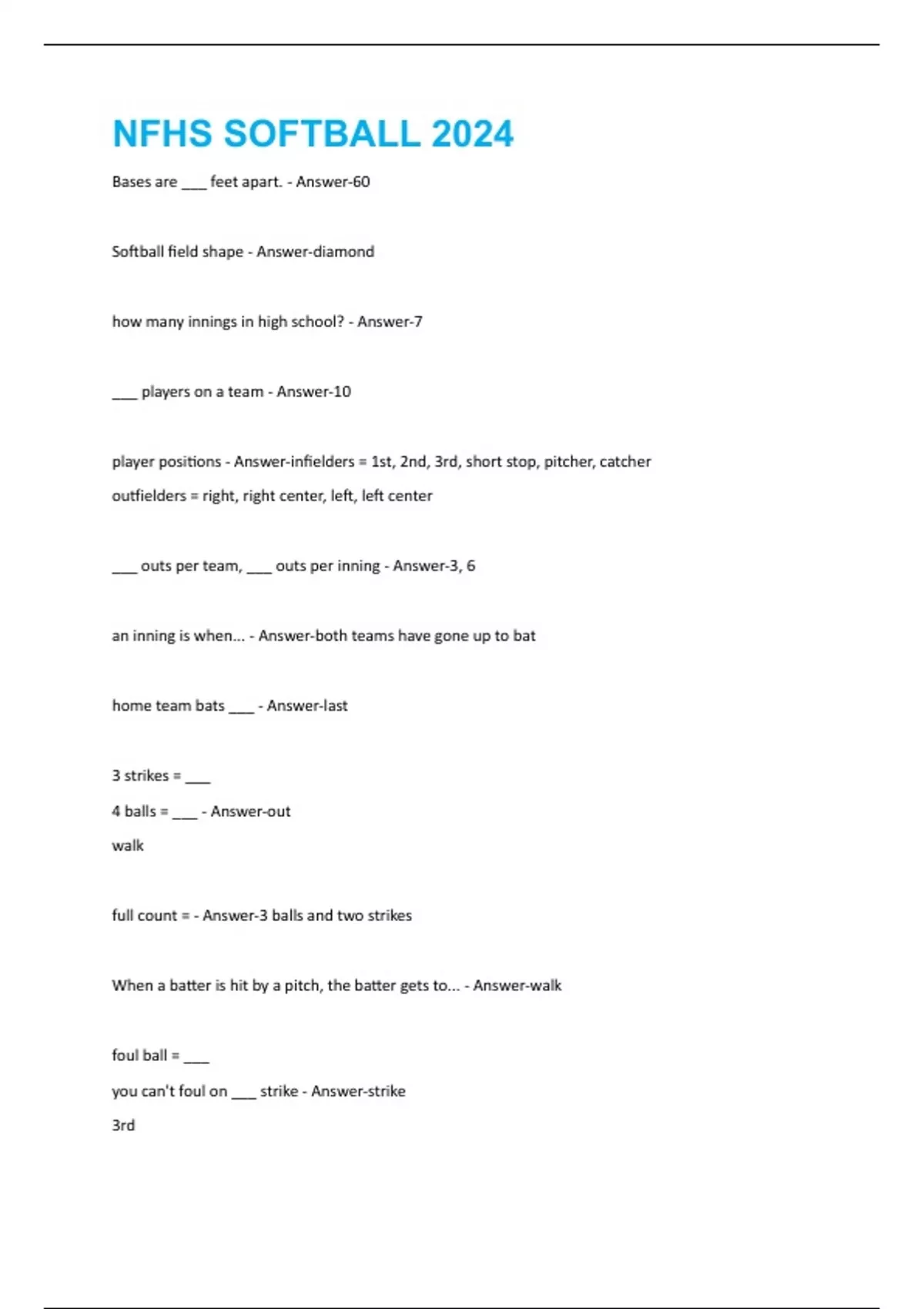 NFHS SOFTBALL 2024 Questions And Answers Rated A+ New Update Assured Satisfaction - NFHS ...