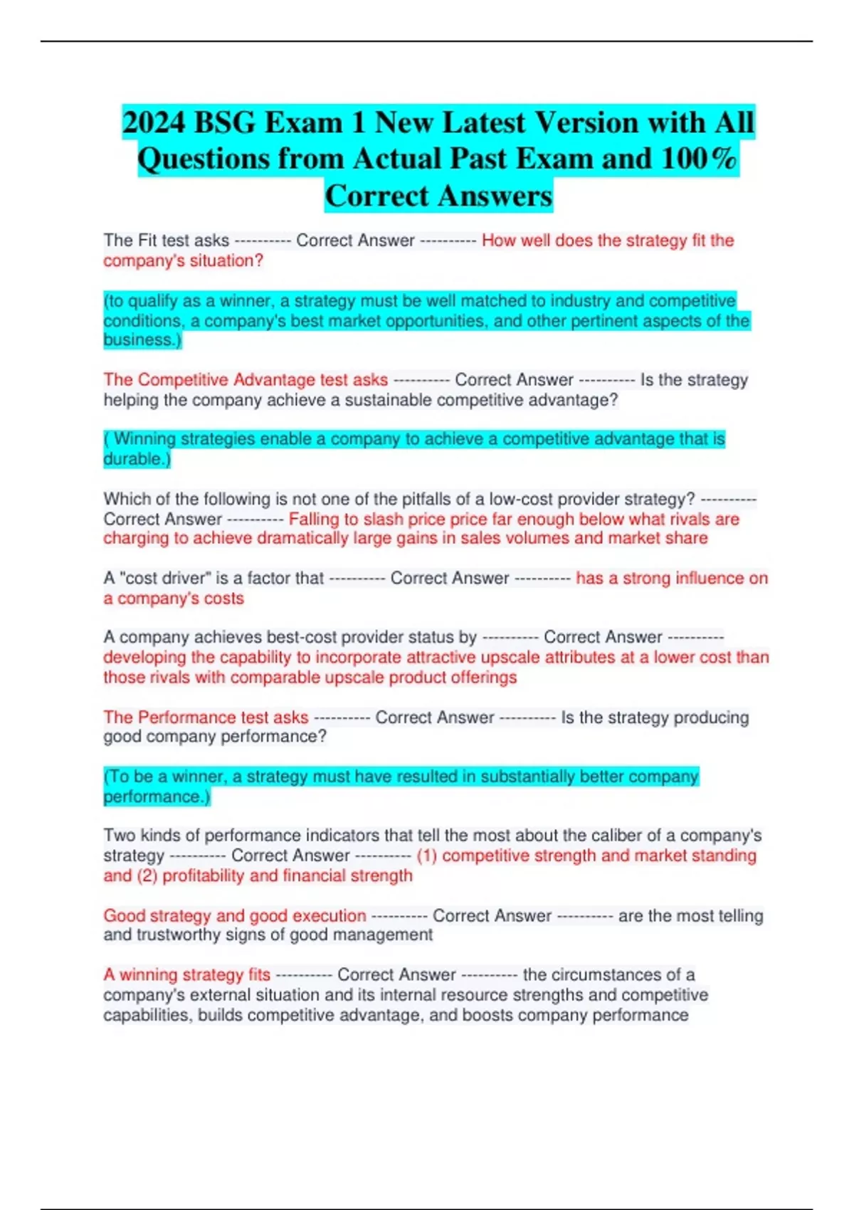 2024 BSG Exam 1 New Latest Version with All Questions from Actual Past ...