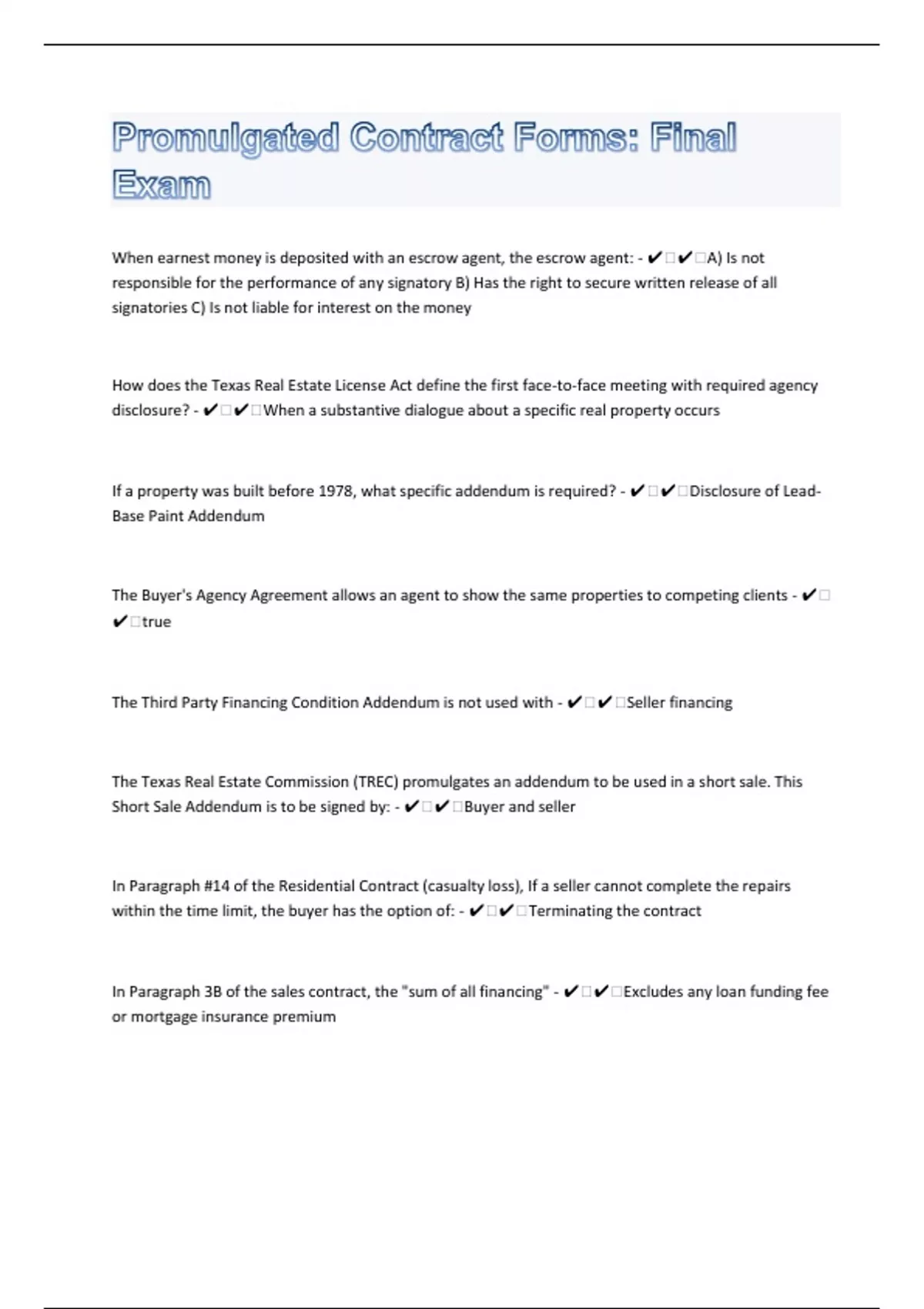 Promulgated Contract Forms: 60 Final Exam Questions And Answers ...