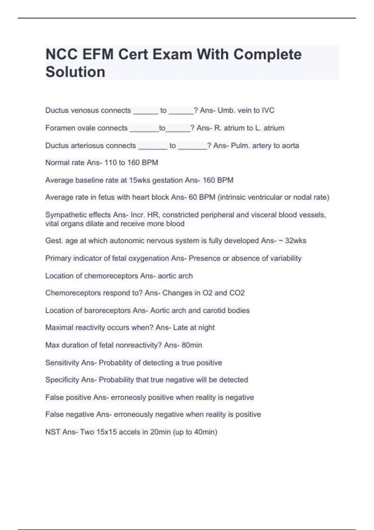 NCC EFM Cert Exam With Complete Solution - Nursing - Stuvia US